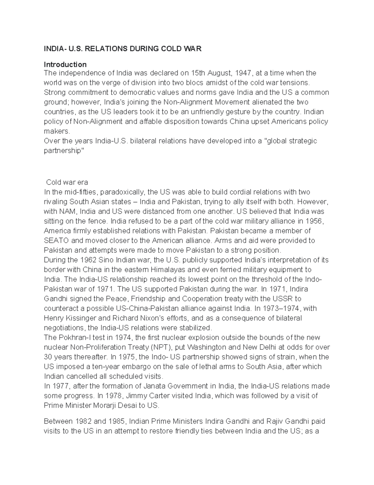 Ifp - India's foreign policy - INDIA- U. RELATIONS DURING COLD WAR ...