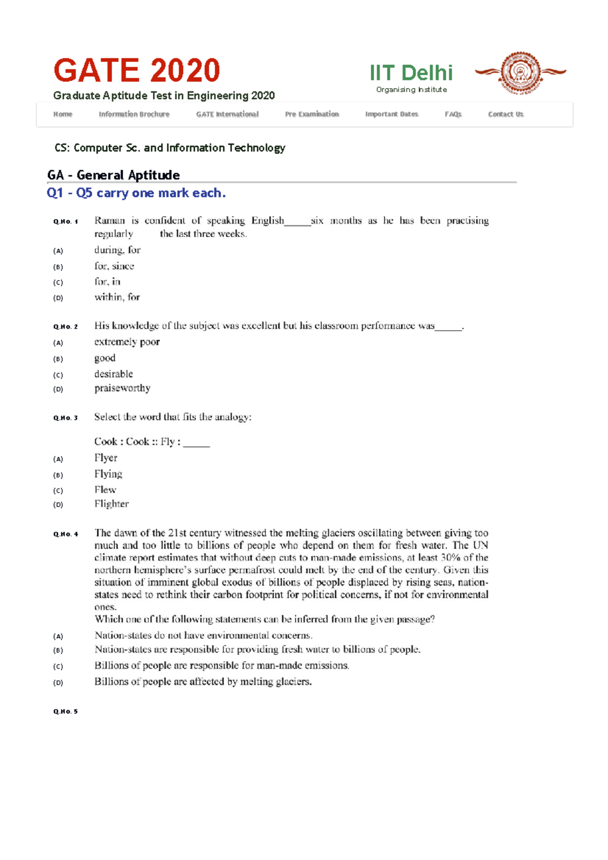 CSE 2020 - Gate Paper - GA - General Aptitude Q1 - Q5 carry one mark each. Q. 1 (A) (B) (C) (D ...