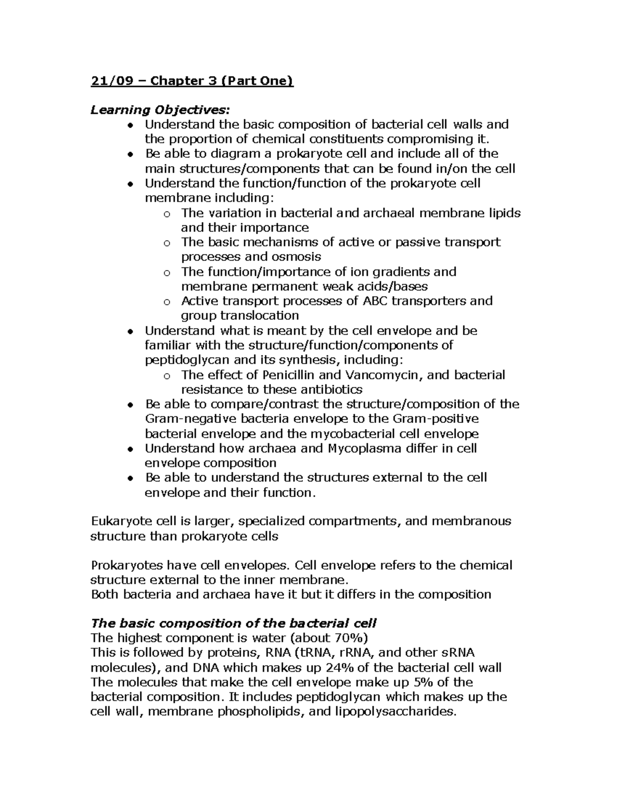 Bacteria - 21/09 – Chapter 3 (Part One) Learning Objectives: Understand the basic composition of ...