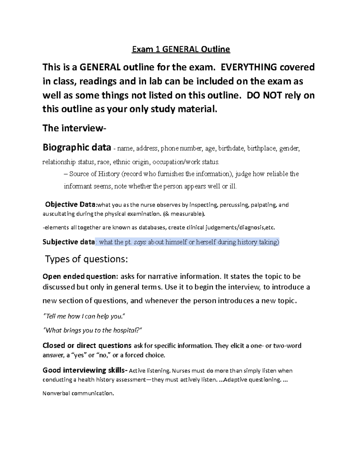 Exam 1 outline - Study Guide - Exam 1 GENERAL Outline This is a GENERAL ...