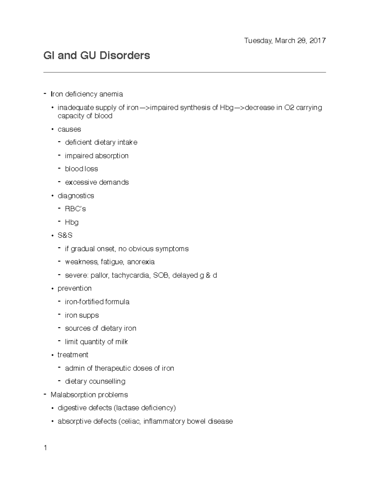 GI & GU Disorders Notes - Prof Walsh - Tuesday, March 28, 2017 GI and ...