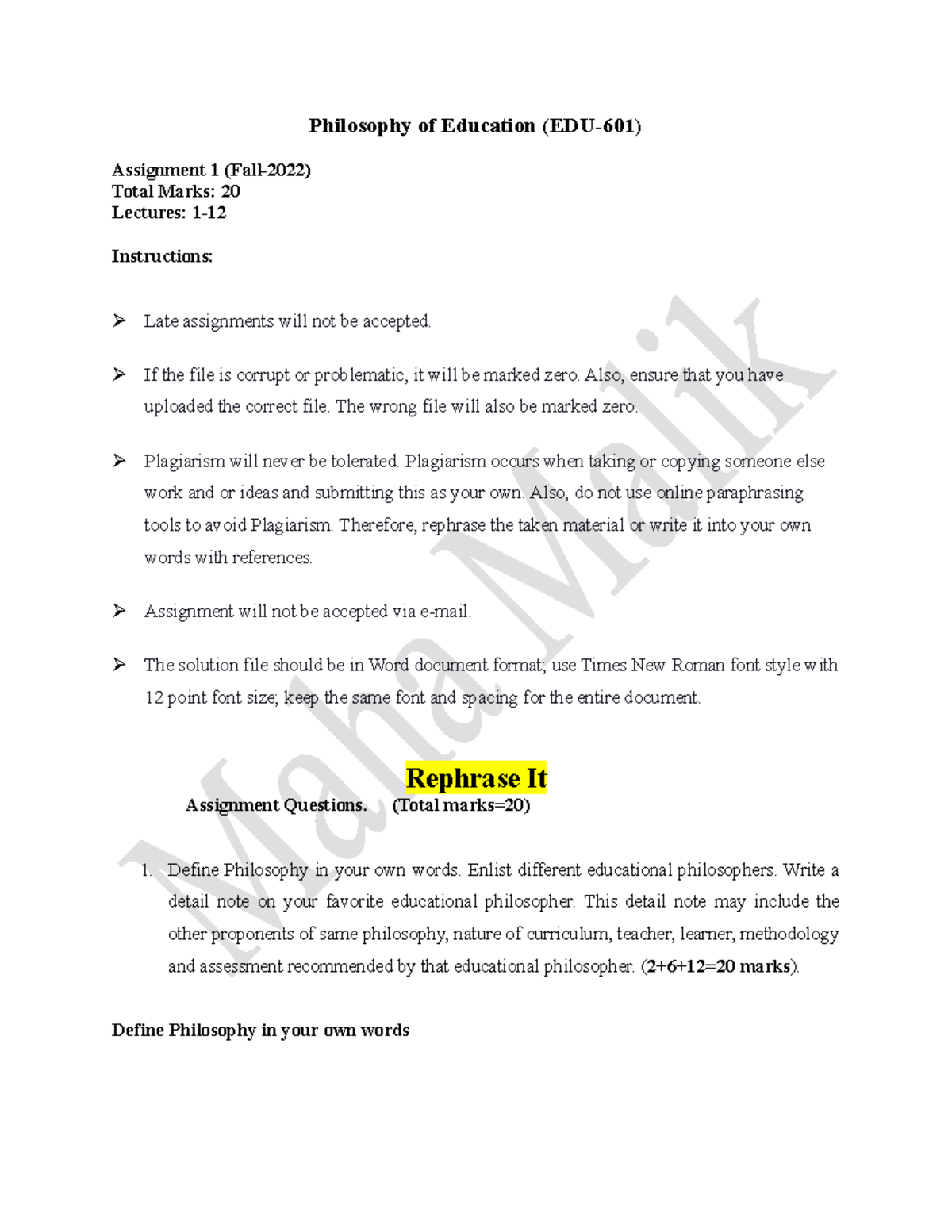 EDU601 Solved Assignment - Philosophy of Education (EDU-601) Assignment ...