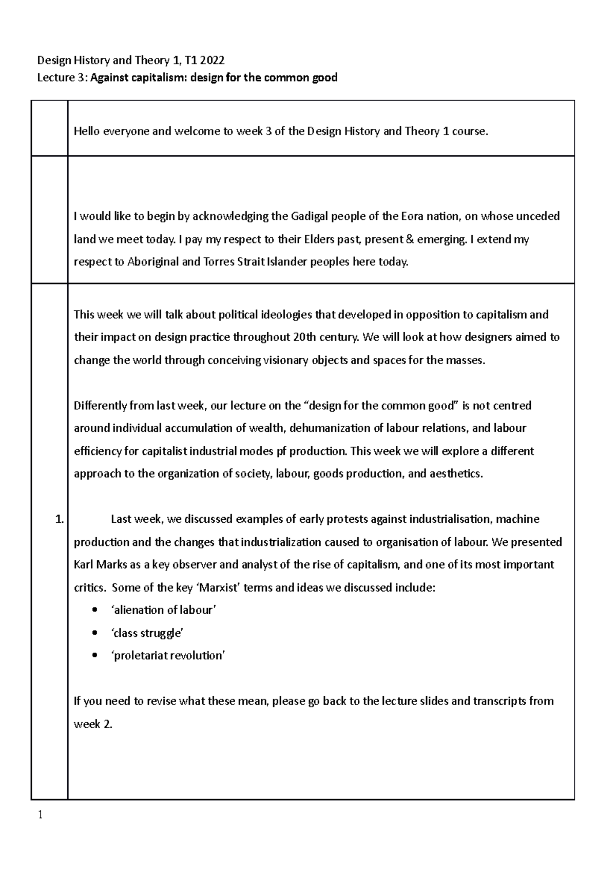 DDES1200 lecture 3 transcript (T1 2022) - Design History and Theory 1, T1 2022 Lecture 3 ...