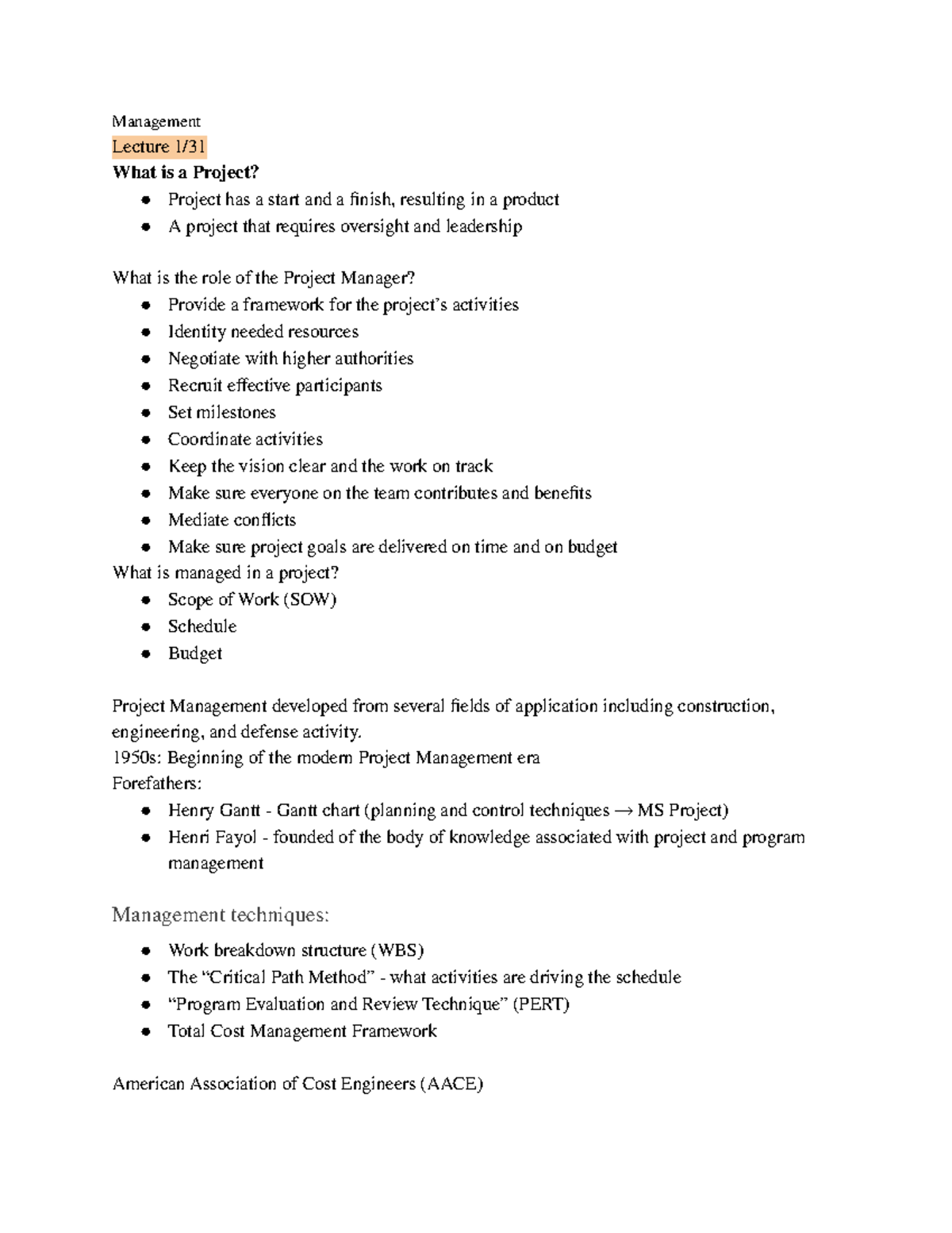 Management Notes - Management Lecture 1/ What is a Project? Project has ...