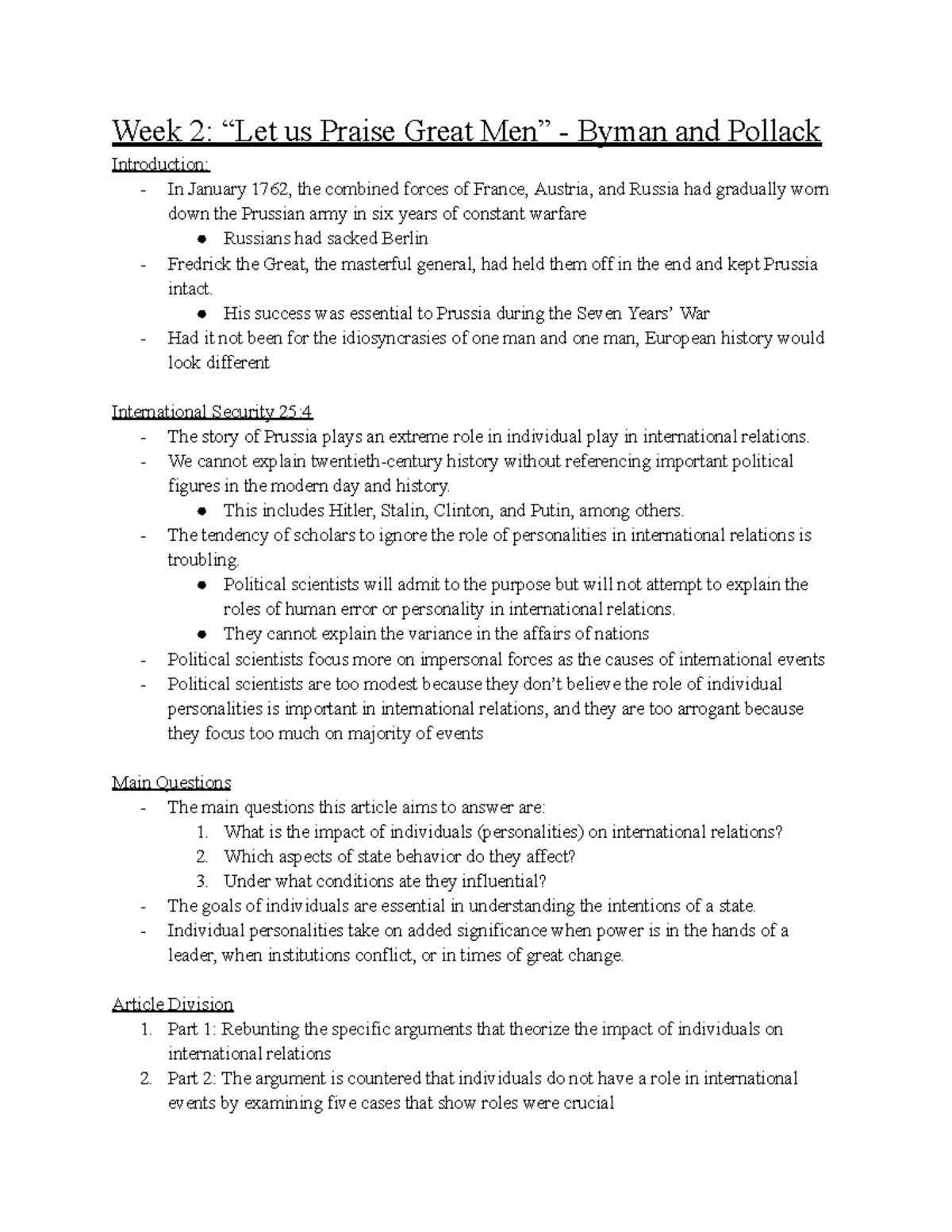 Poli Sci 7 - Week 2 Reading Notes - Week 2: “Let us Praise Great Men ...