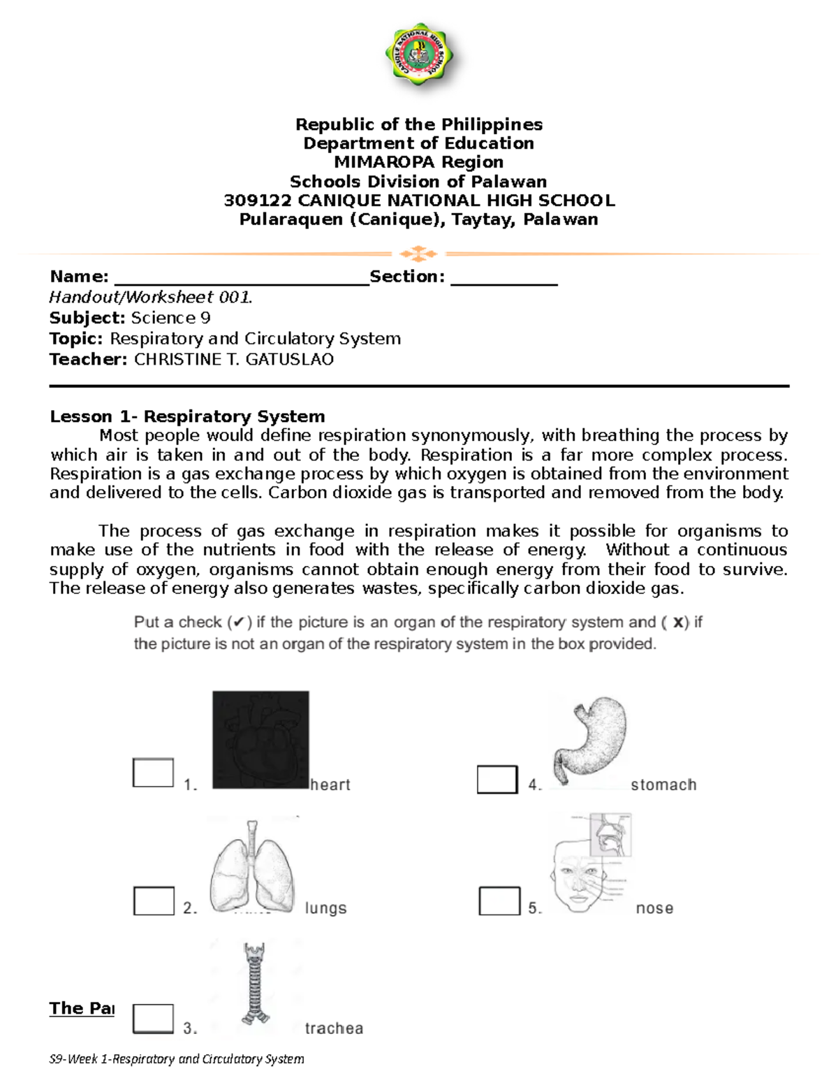 Worksheet 101 - Republic of the Philippines Department of Education ...
