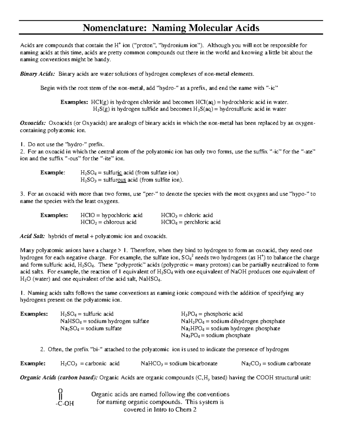 Naming Acids - Lecture notes 5 - Nomenclature: Naming Molecular Acids ...