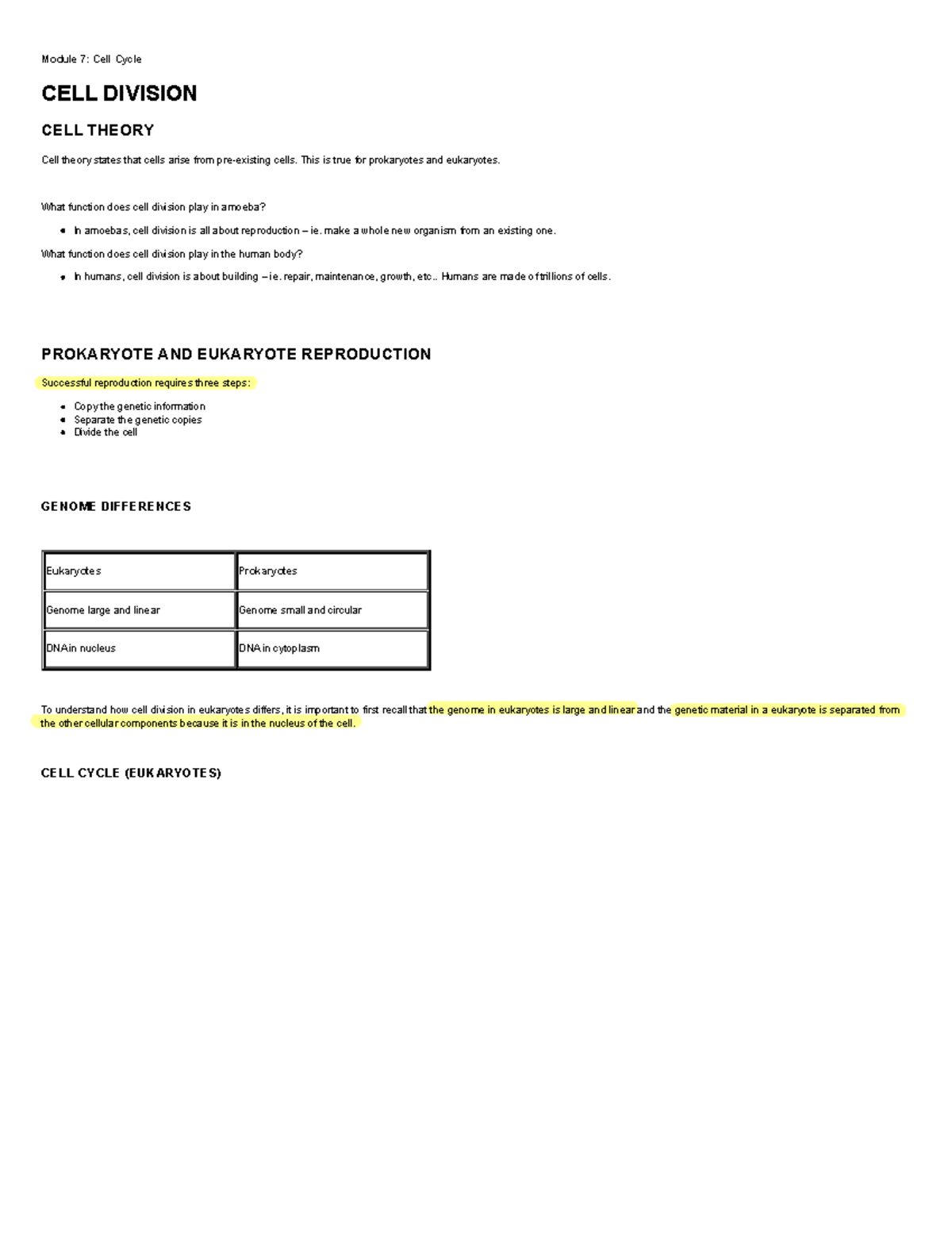 Module 7 Cell Cycle - Module 7: Cell Cycle CELL DIVISION CELL THEORY ...