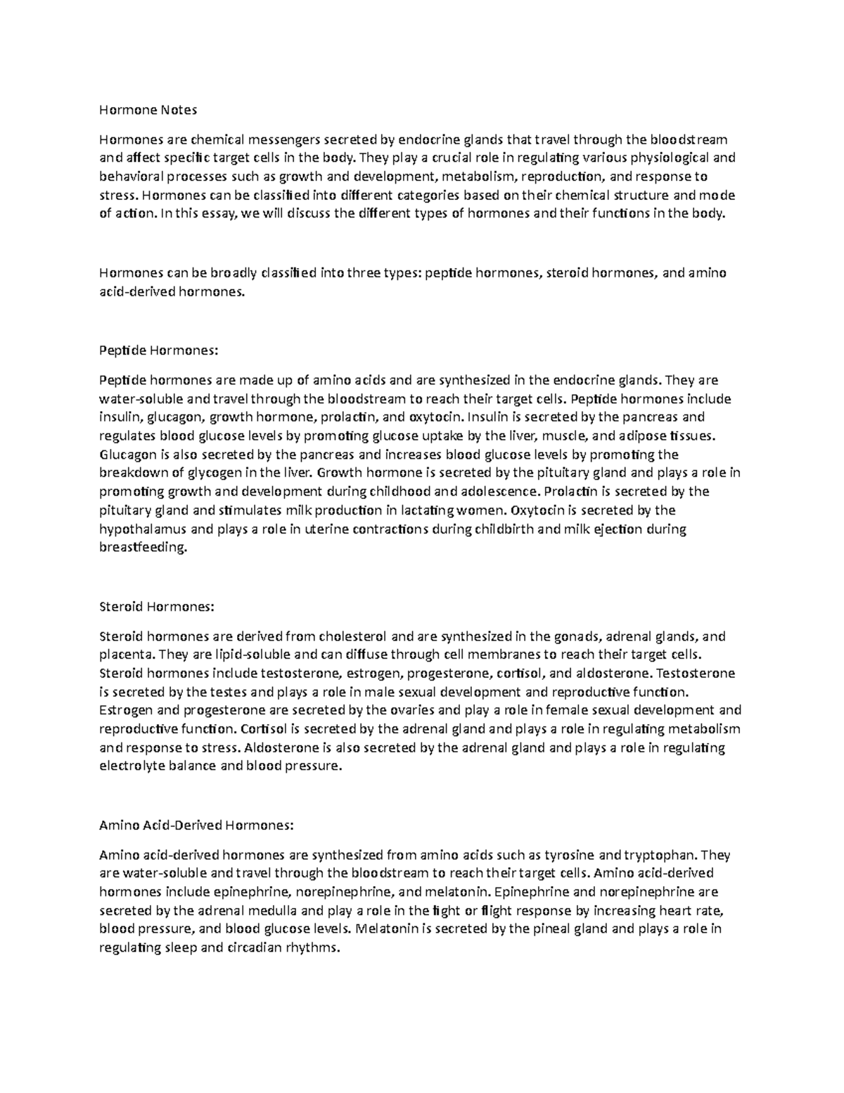 Hormone Notes - Hormone Notes Hormones are chemical messengers secreted ...