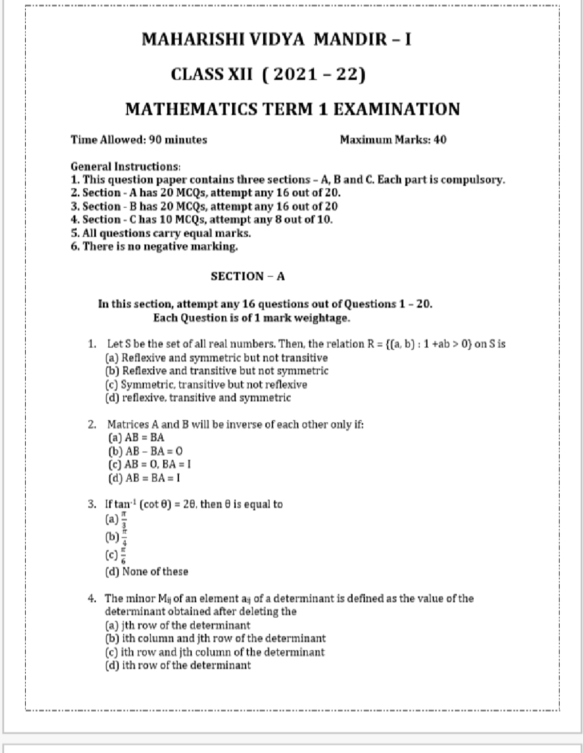Class XII Mathematics Paper - Practice class xii - Studocu