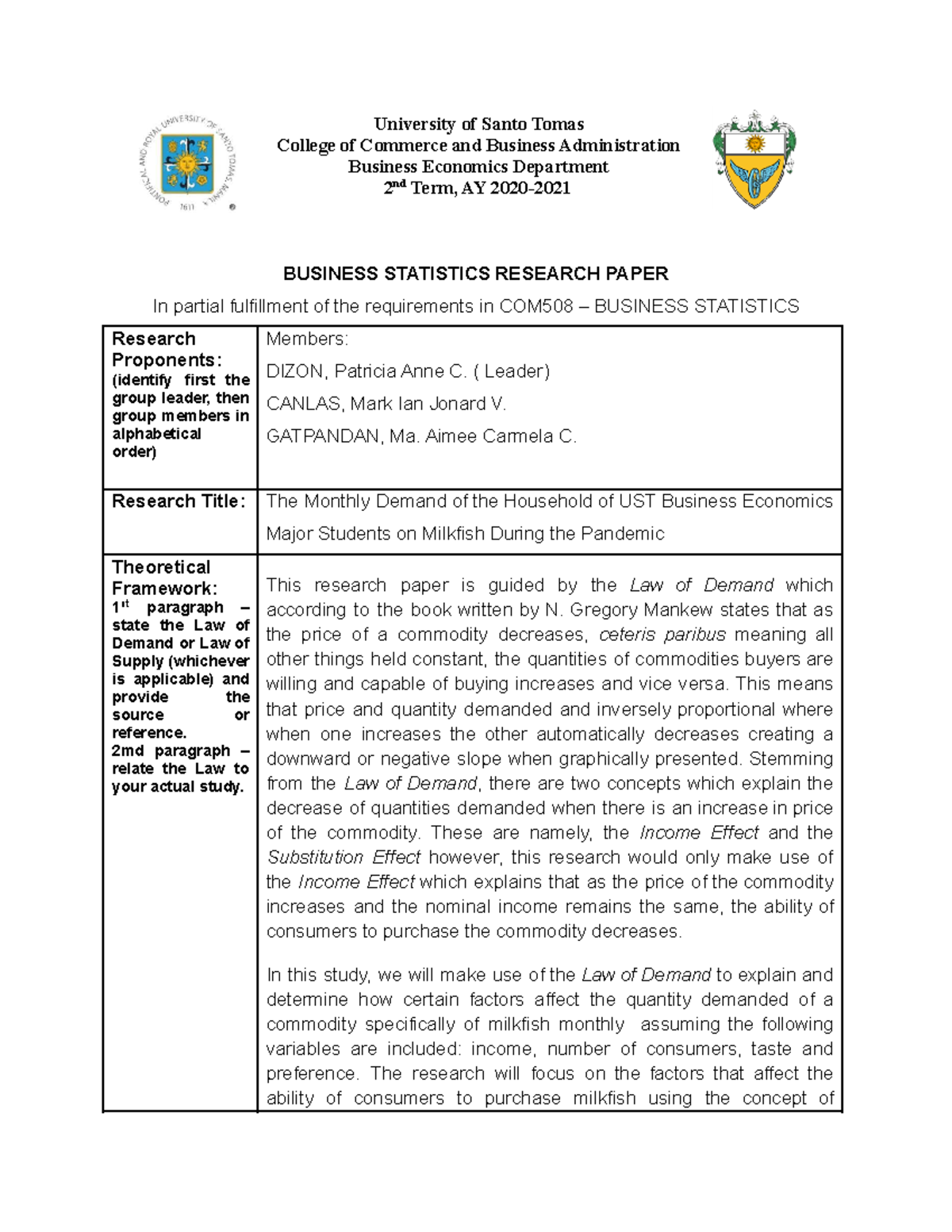Business STAT Research Paper Template - University of Santo Tomas ...
