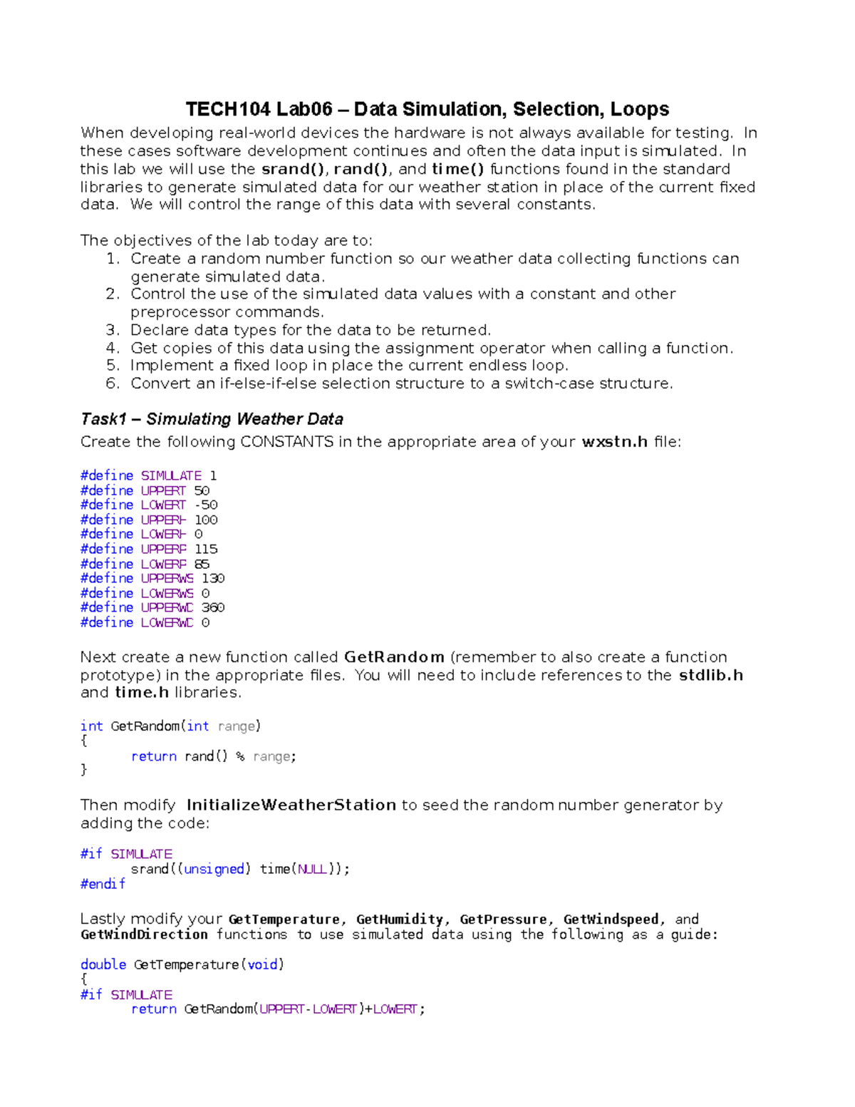 TECH104L06Sim Selection Loops - TECH104 Lab06 – Data Simulation, Selection, Loops When ...