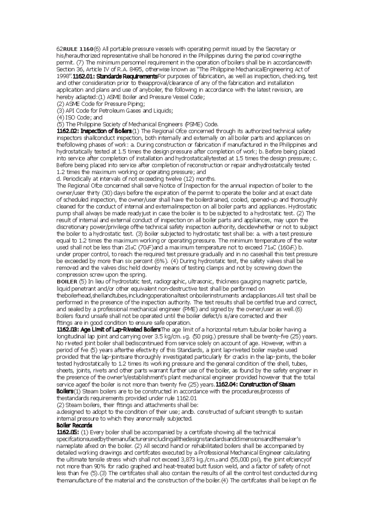 Osh 18 - osh notes - 62 RULE 1160(6) All portable pressure vessels with ...