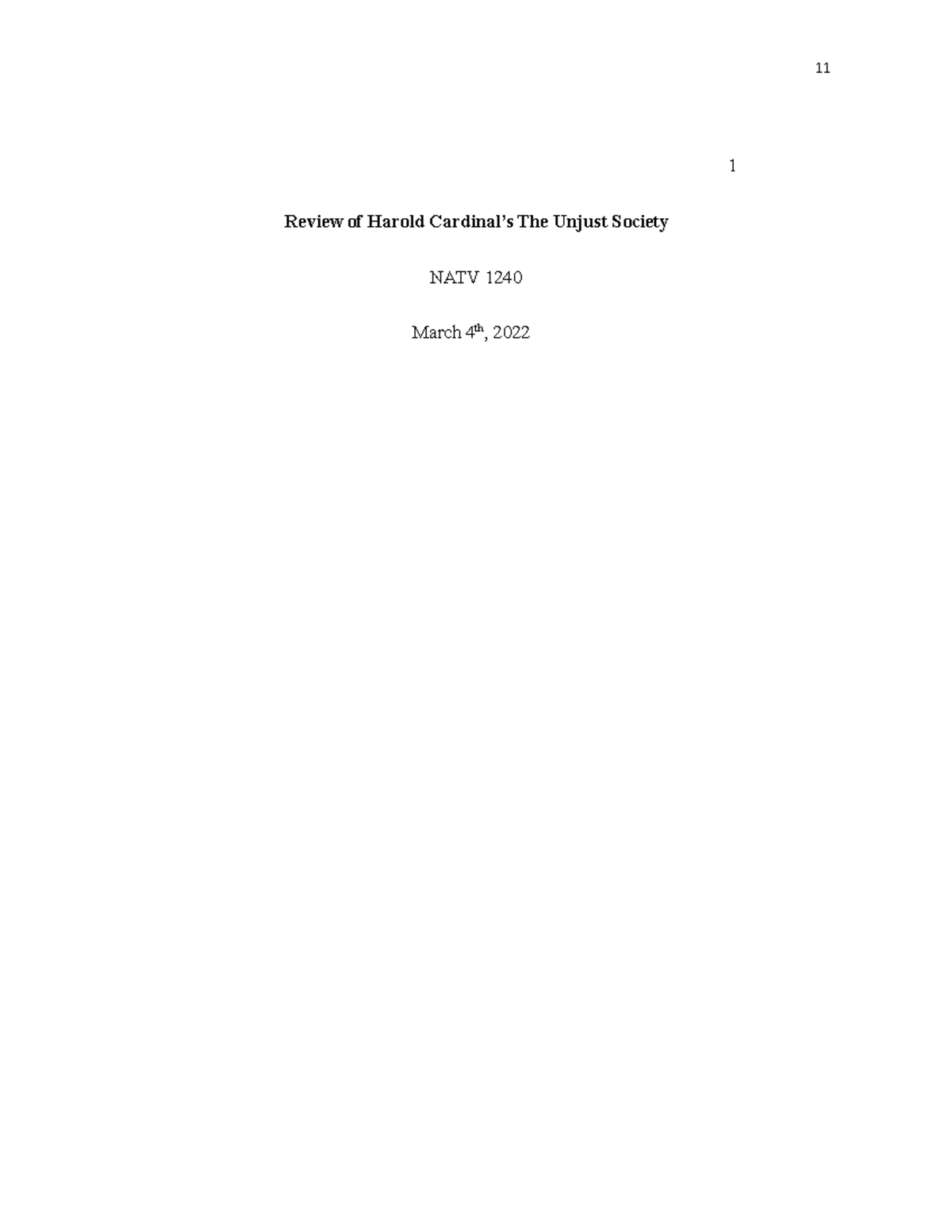 Review 1 assignment - Sean Carleton - 1 Review of Harold Cardinal’s The ...