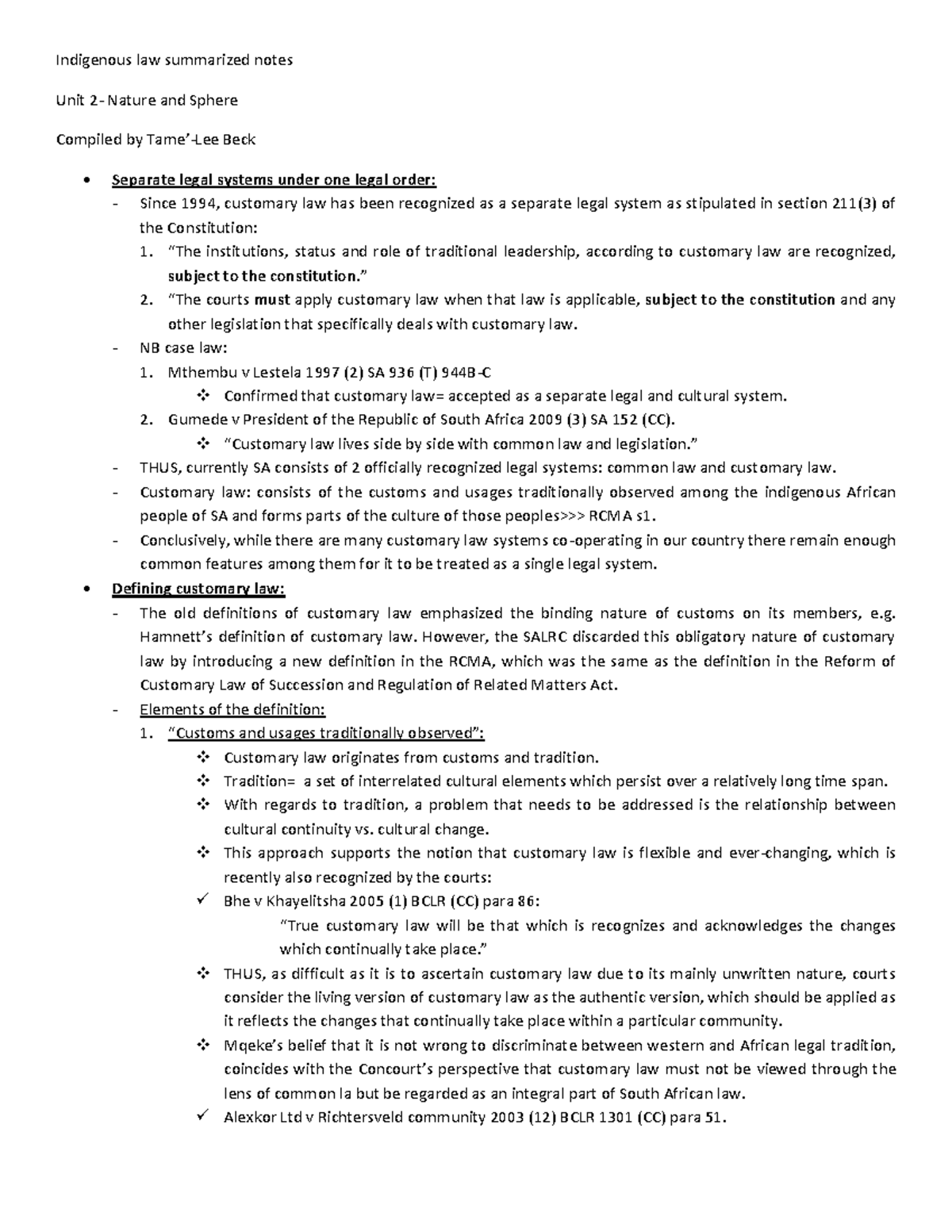 Indigenous law summarized notes- unit 2 - “The institutions, status and ...