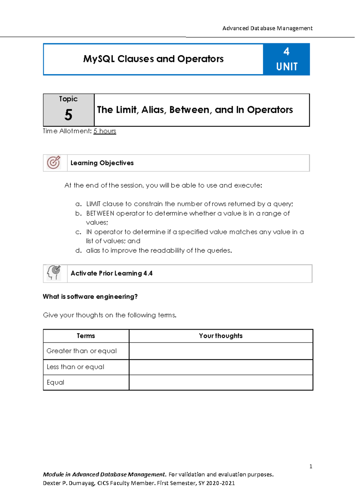 Unit-4 - lecture - 1 Module in Advanced Database Management. For ...