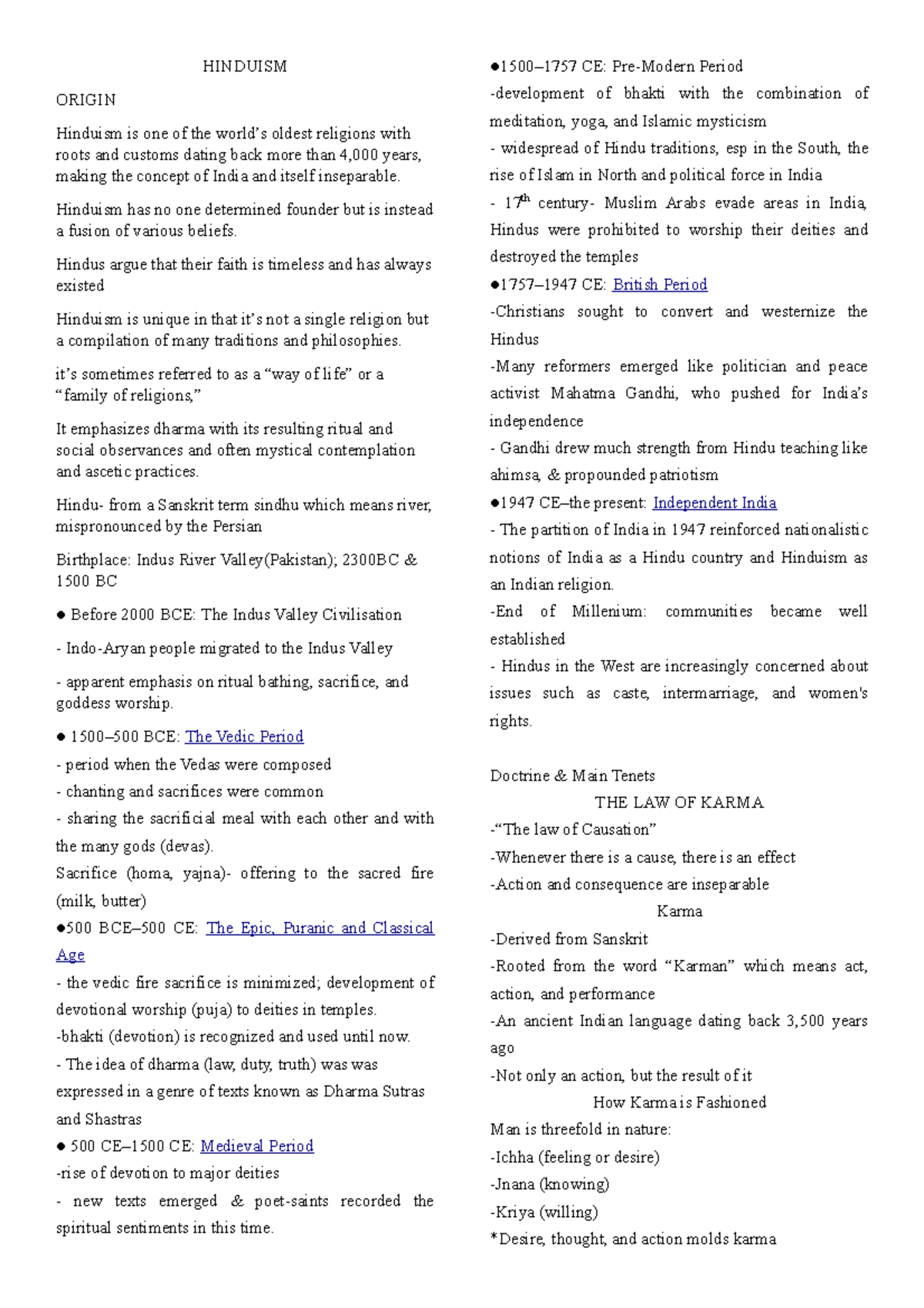 Religion - Hinduism Notes - HINDUISM ORIGIN Hinduism is one of the ...