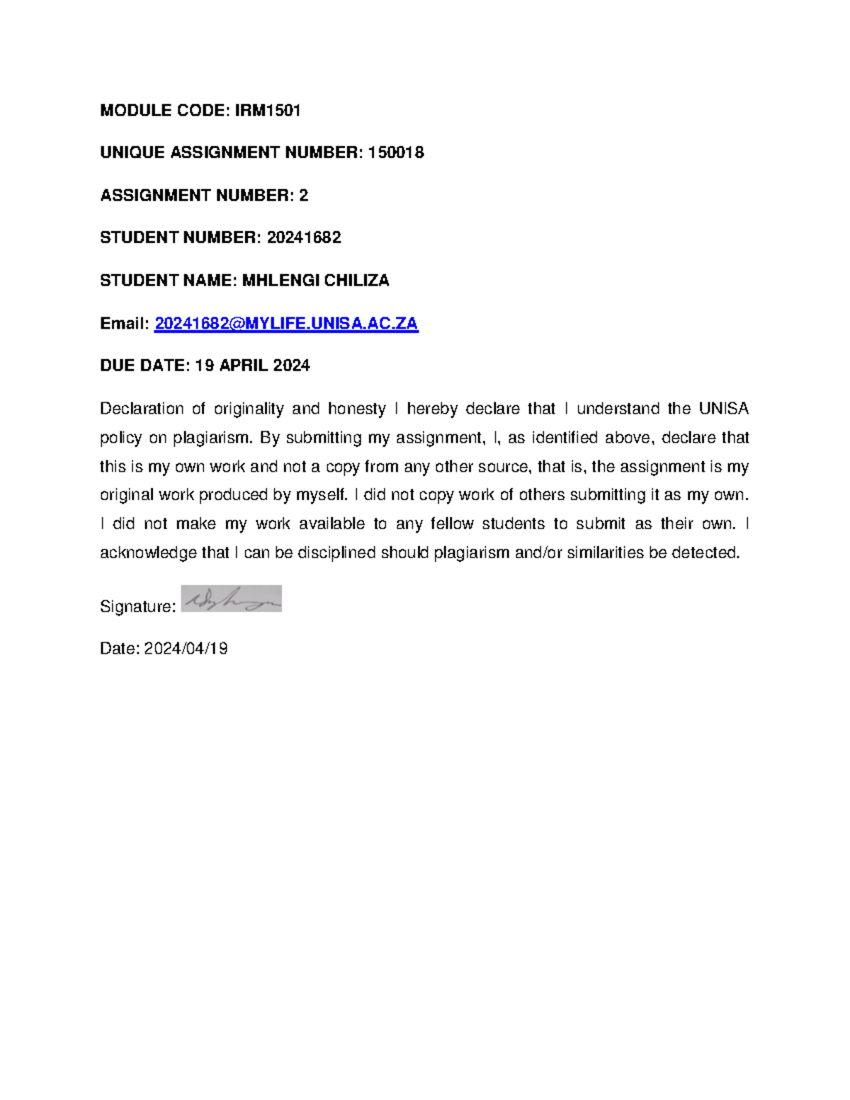 IRM1501 Assignment 2 Chiliza M - MODULE CODE: IRM UNIQUE ASSIGNMENT NUMBER: 150018 ASSIGNMENT ...