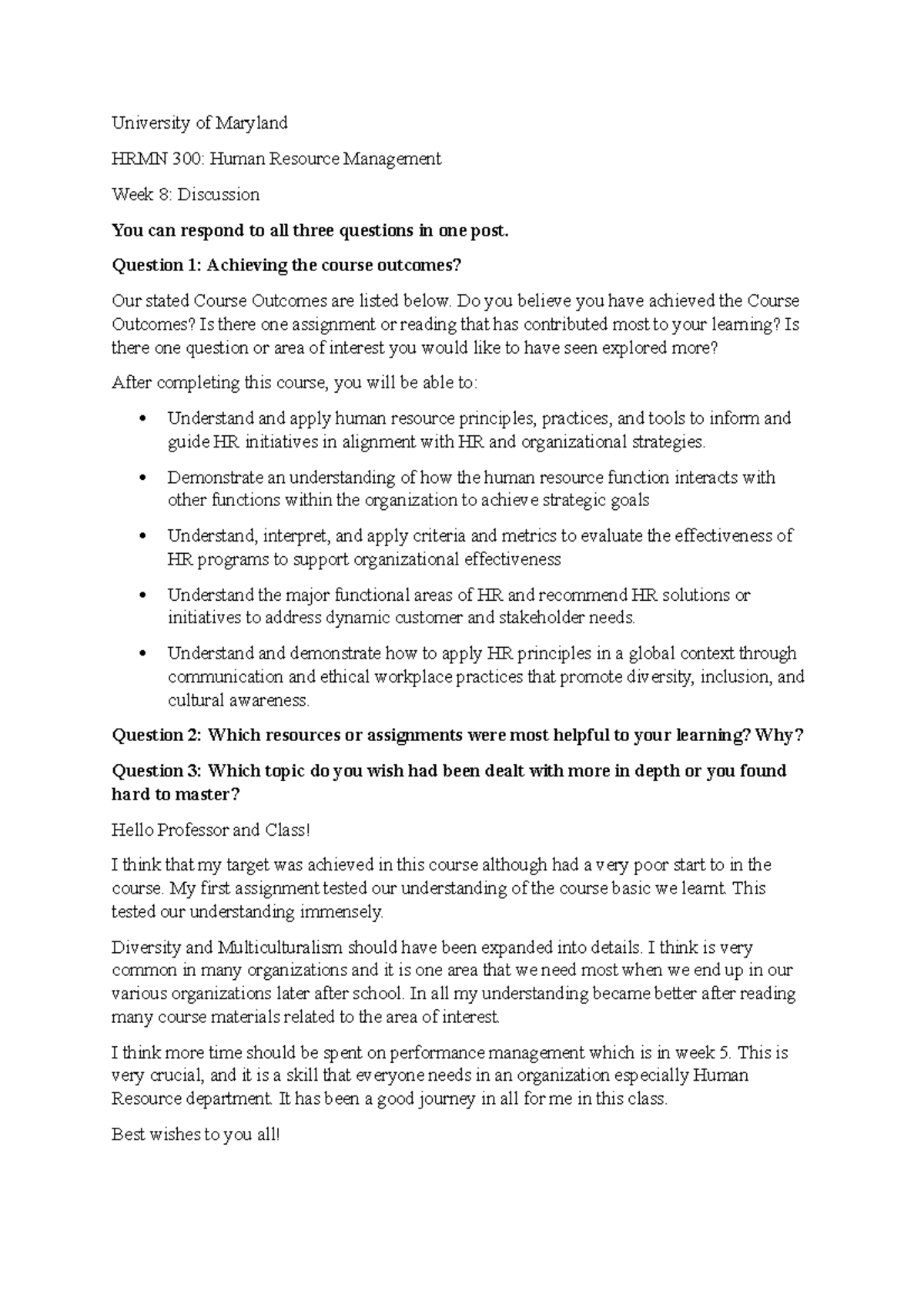 Week 8 - Human Resource Management (HRMN 300) weekly discussion ...