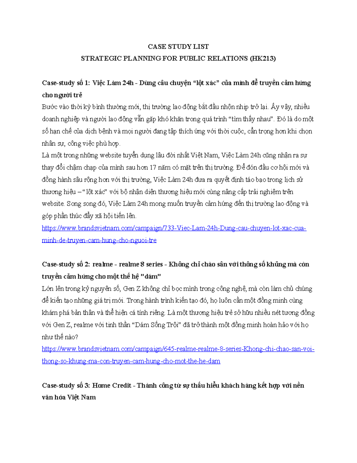 Case study list - aaaaaaaaa - CASE STUDY LIST STRATEGIC PLANNING FOR ...