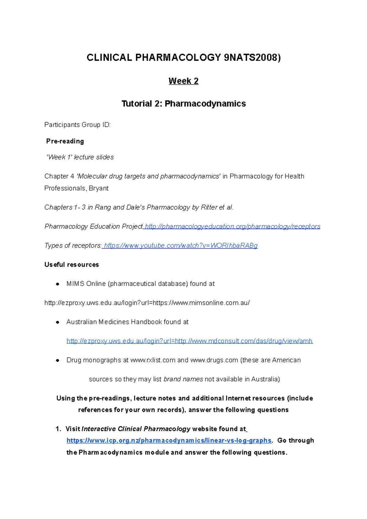 Week 2 tutorial - CLINICAL PHARMACOLOGY 9NATS2008) Week 2 Tutorial 2 ...
