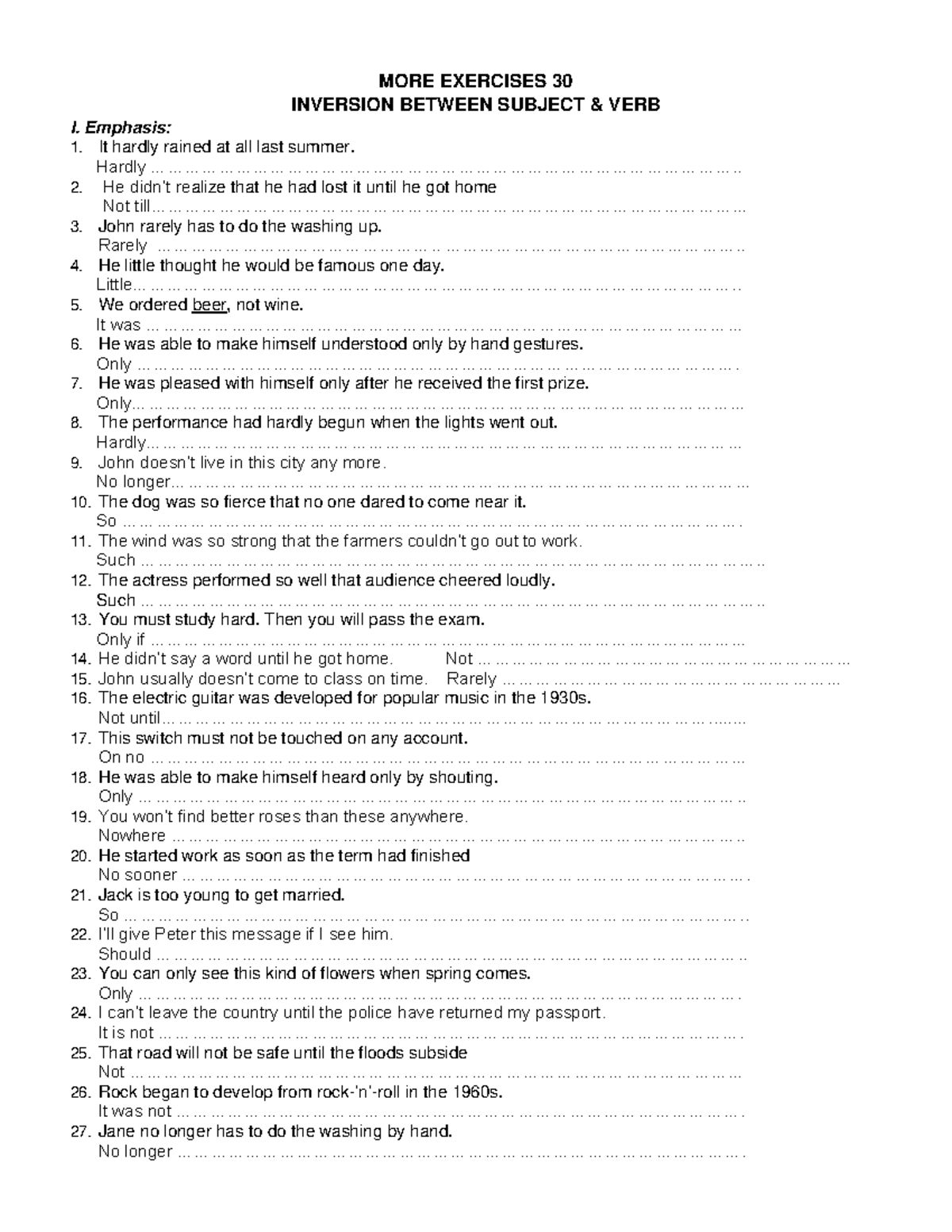 MORE Exercises 30 - 1223 - MORE EXERCISES 30 INVERSION BETWEEN SUBJECT ...