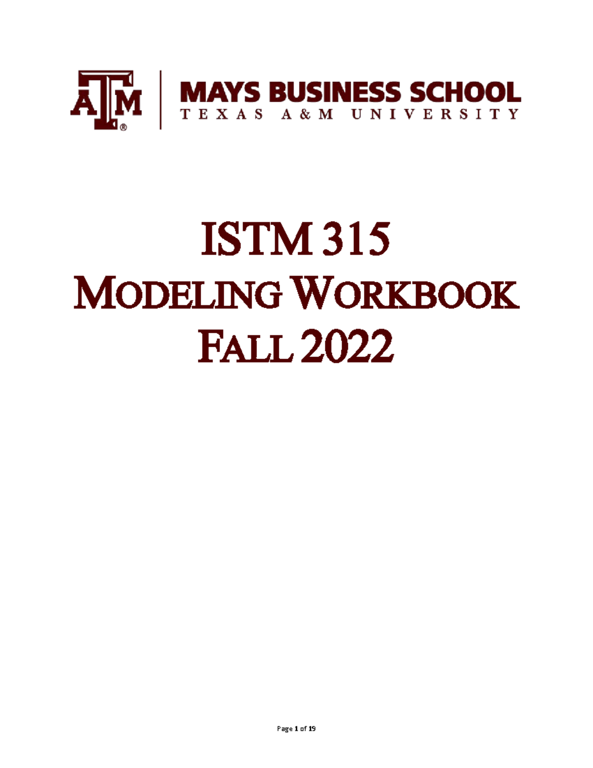 ISTM 315 - Modeling Workbook (Fall 2022) - ISTM 315 MODELING WORKBOOK ...