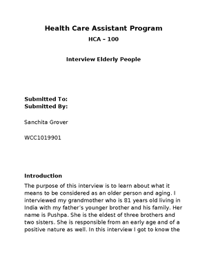 Assignment HCA 200 Sarpreet Singh - Health Care Assistant Program HCA – 200 Interpersonal - Studocu