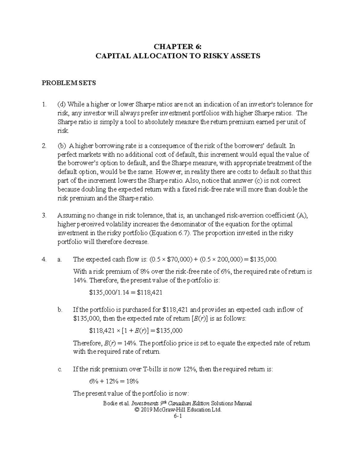 ECO358 CH6 ANS - Ch6 answer - CHAPTER 6: CAPITAL ALLOCATION TO RISKY ...