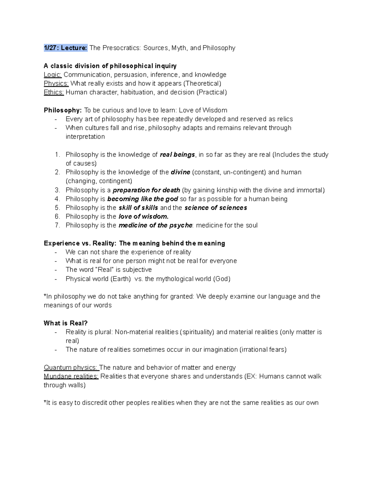PHIL 1000 Notes Week 2 Jan 27 - 1/27: Lecture: The Presocratics ...