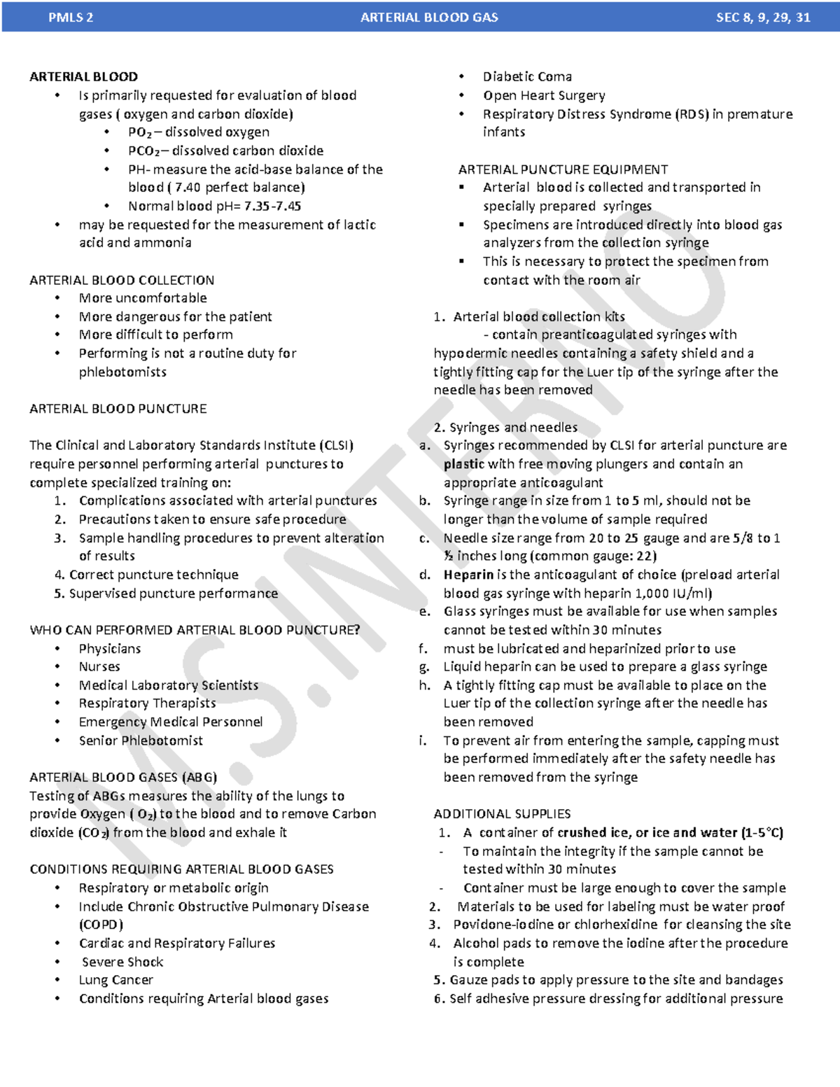 Arterial Blood - notes given for second sem - Warning: TT: undefined ...