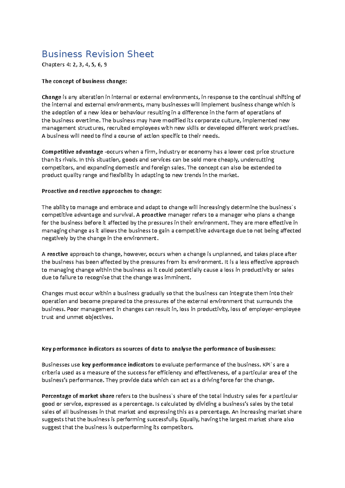 Business Revision Sheet Unit 4 Outcome 1 - Business Revision Sheet ...