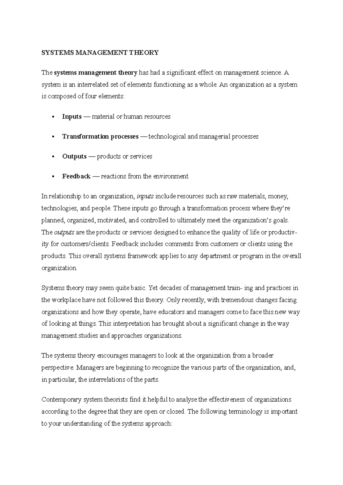Systems VIEW AND Contigency Approach - SYSTEMS MANAGEMENT THEORY The ...