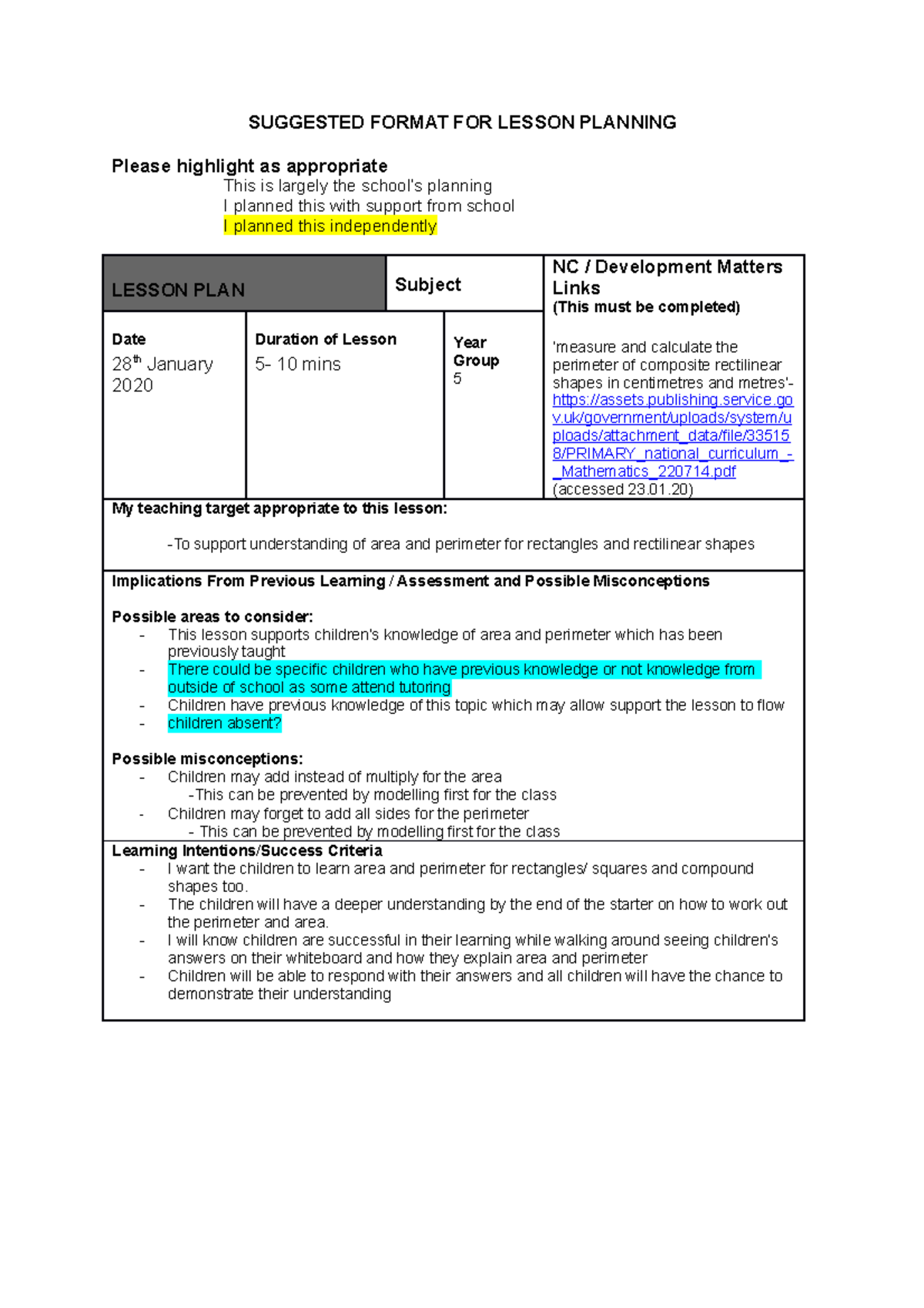 Area and perimeter- lesson plan - SUGGESTED FORMAT FOR LESSON PLANNING ...