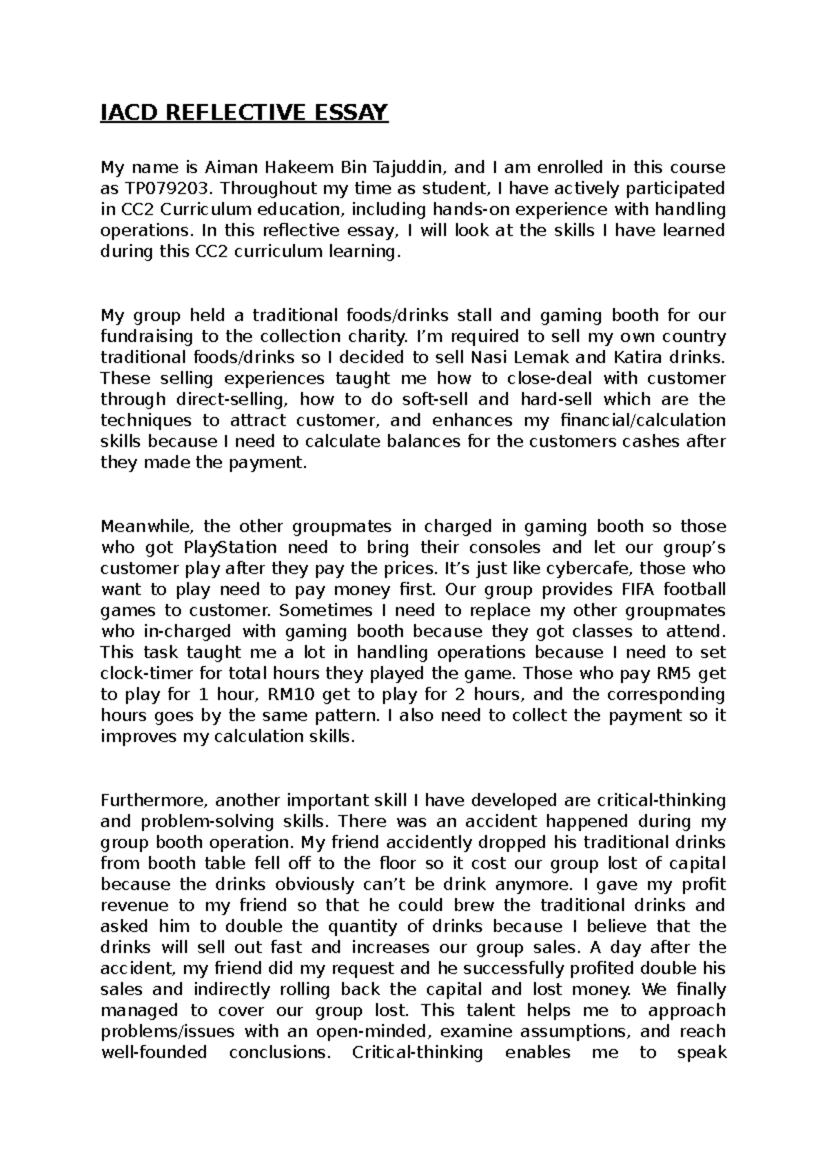 IACD Reflective Essay (CC2 cucuricculum) - IACD REFLECTIVE ESSAY My ...