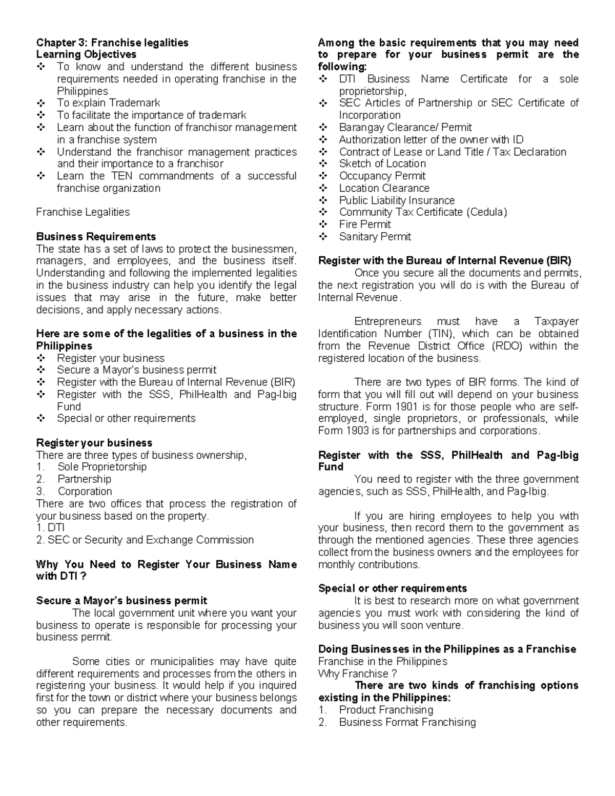 Chapter 3 - good luck - Chapter 3 : Franchise legalities Learning ...