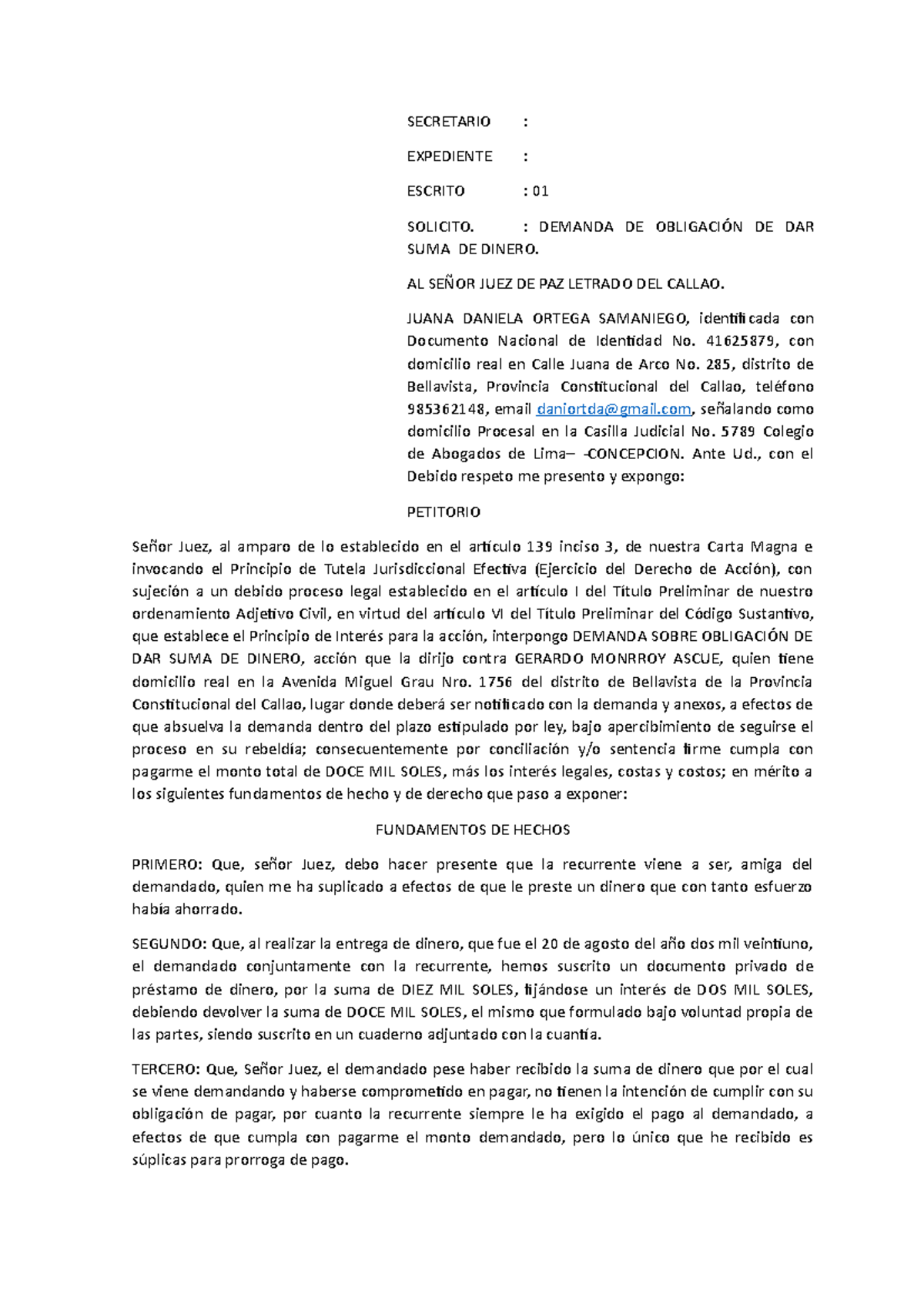 Escrito - demanda civil - SECRETARIO : EXPEDIENTE : ESCRITO : 01 ...