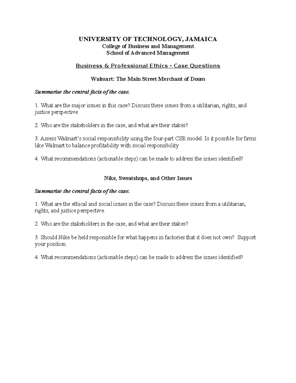 MBA BPE Case Study Questions 2024 - UNIVERSITY OF TECHNOLOGY, JAMAICA College of Business and ...