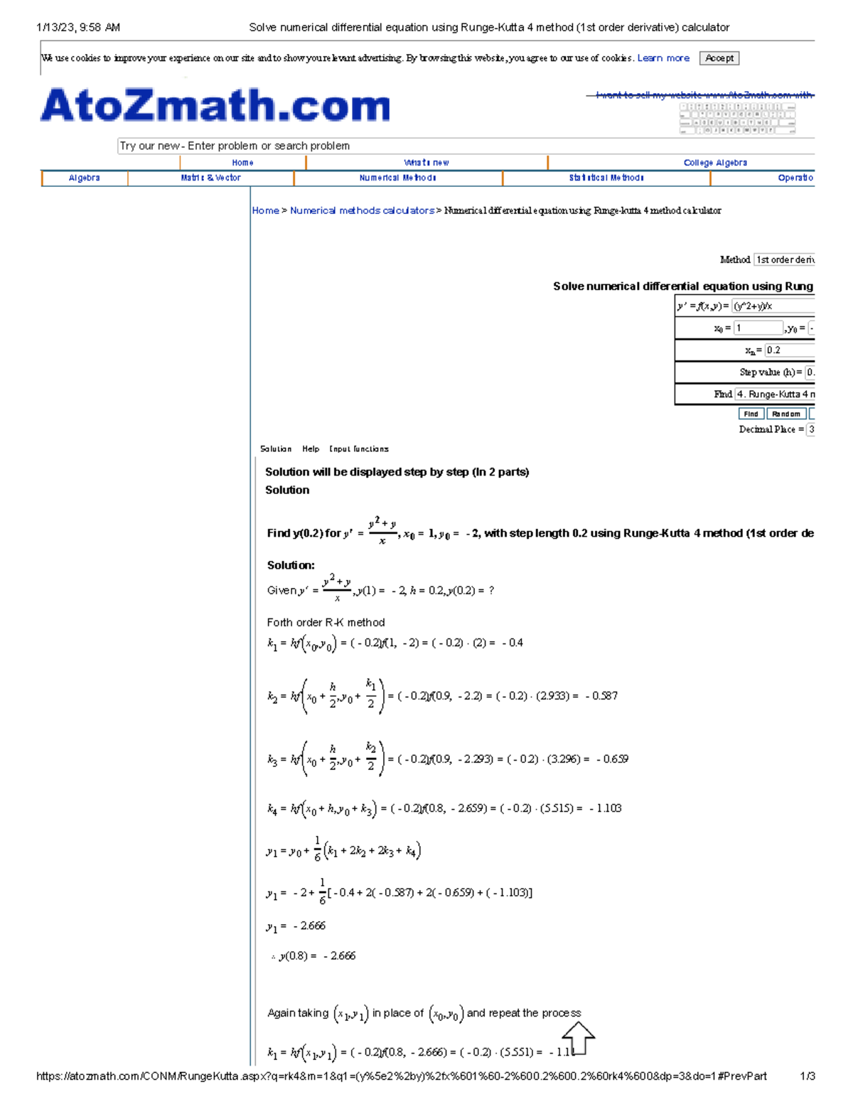 Rk 4th Order Runge Kutta Method 1 13 23 9 58 Am Solve Numerical
