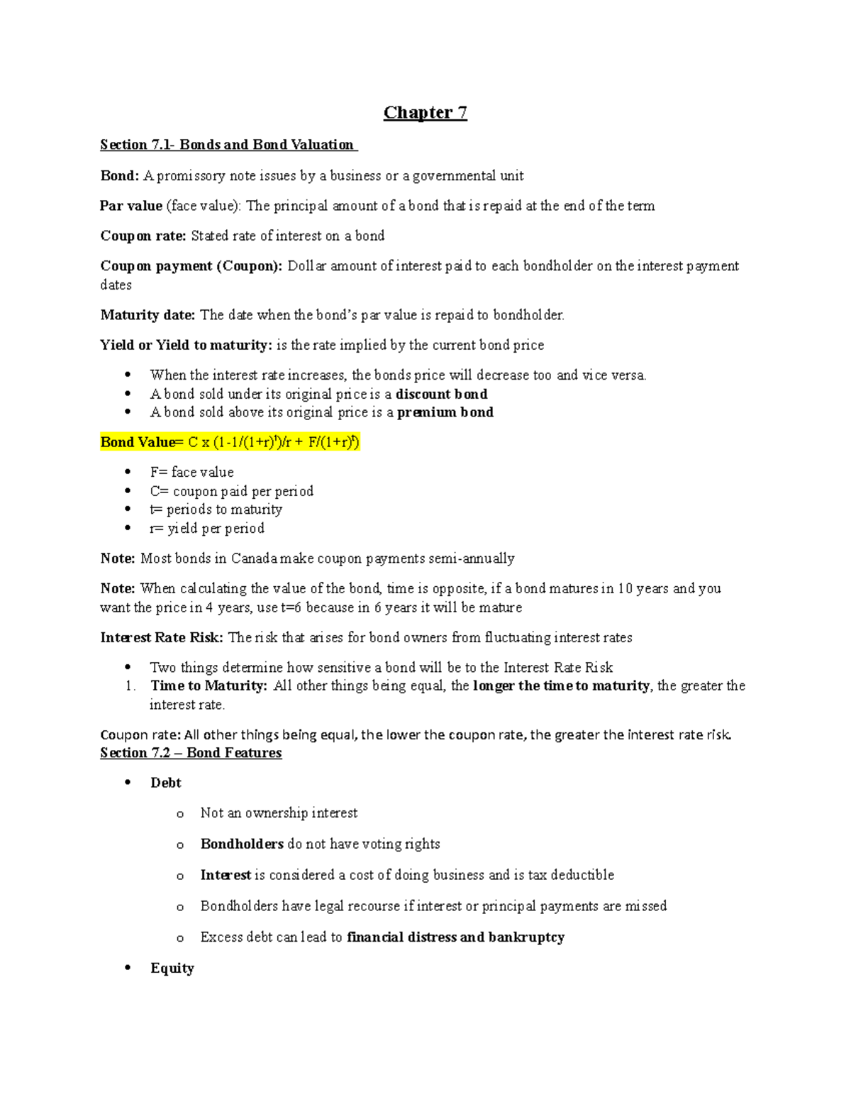 Midterm 2 Notes - Chapter 7 Section 7- Bonds and Bond Valuation Bond: A ...