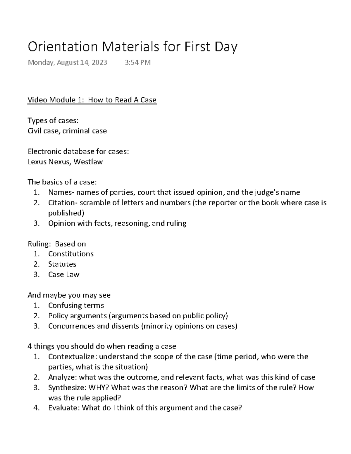 Orientation Notes for Orientation - Video Module 1: How to Read A Case ...