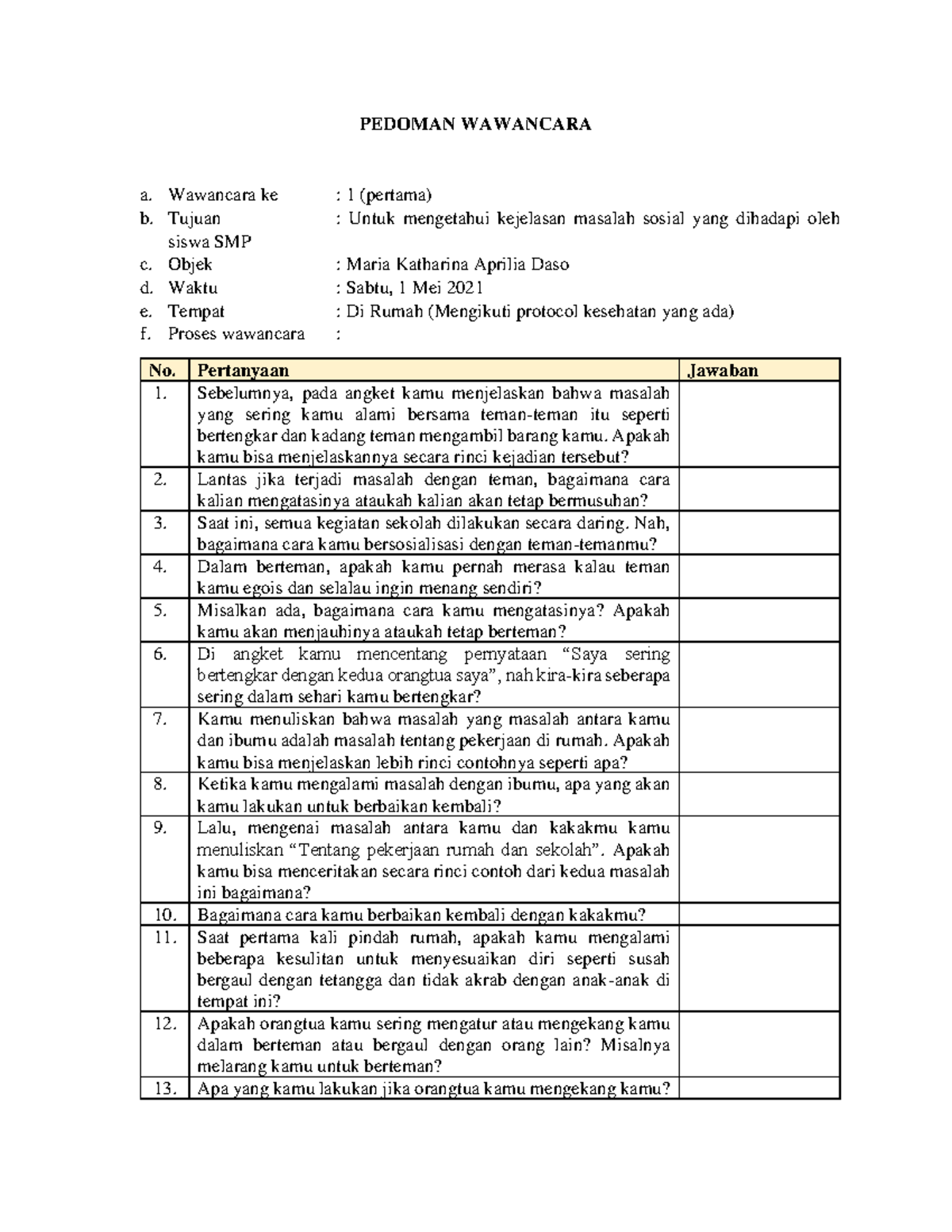 Pedoman Wawancara Permasalahan Sosial - PEDOMAN WAWANCARA a. Wawancara ...