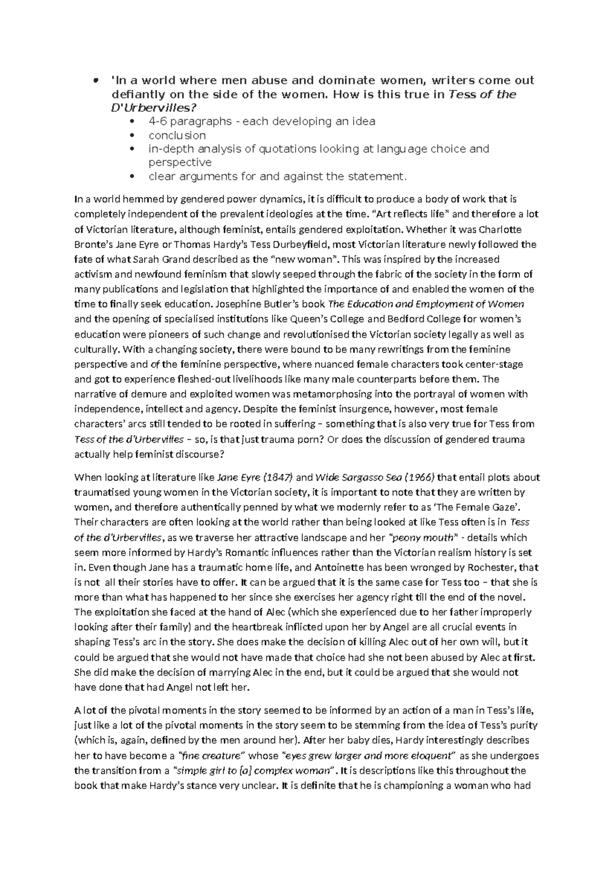 Tess Revision Essay - 'In a world where men abuse and dominate women ...