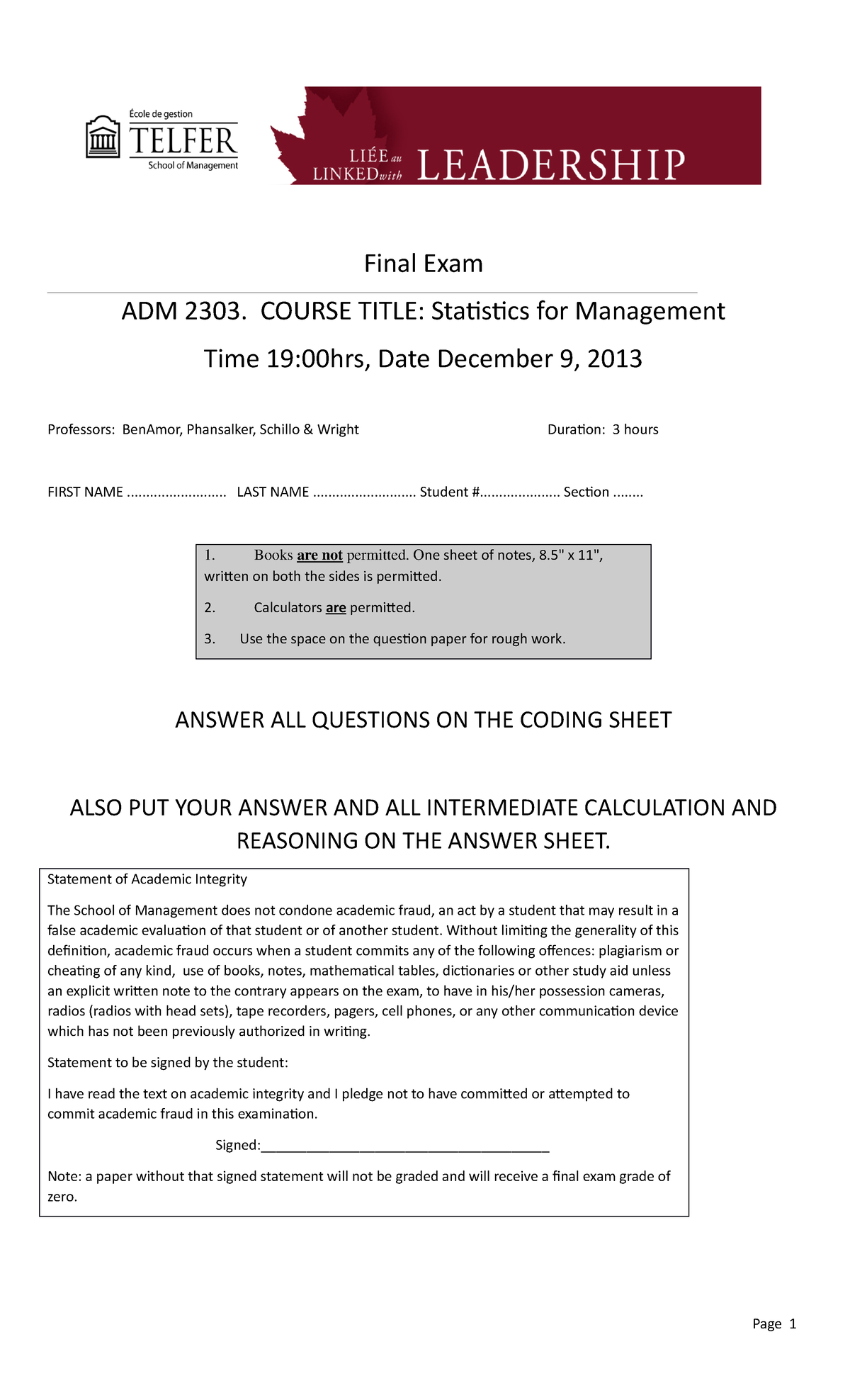 Final exam 2013, questions - Final Exam ADM 2303. COURSE TITLE ...