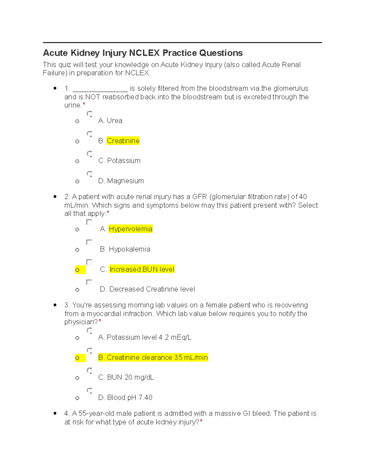 AKI Questions - Notes - Acute Kidney Injury NCLEX Practice Questions ...