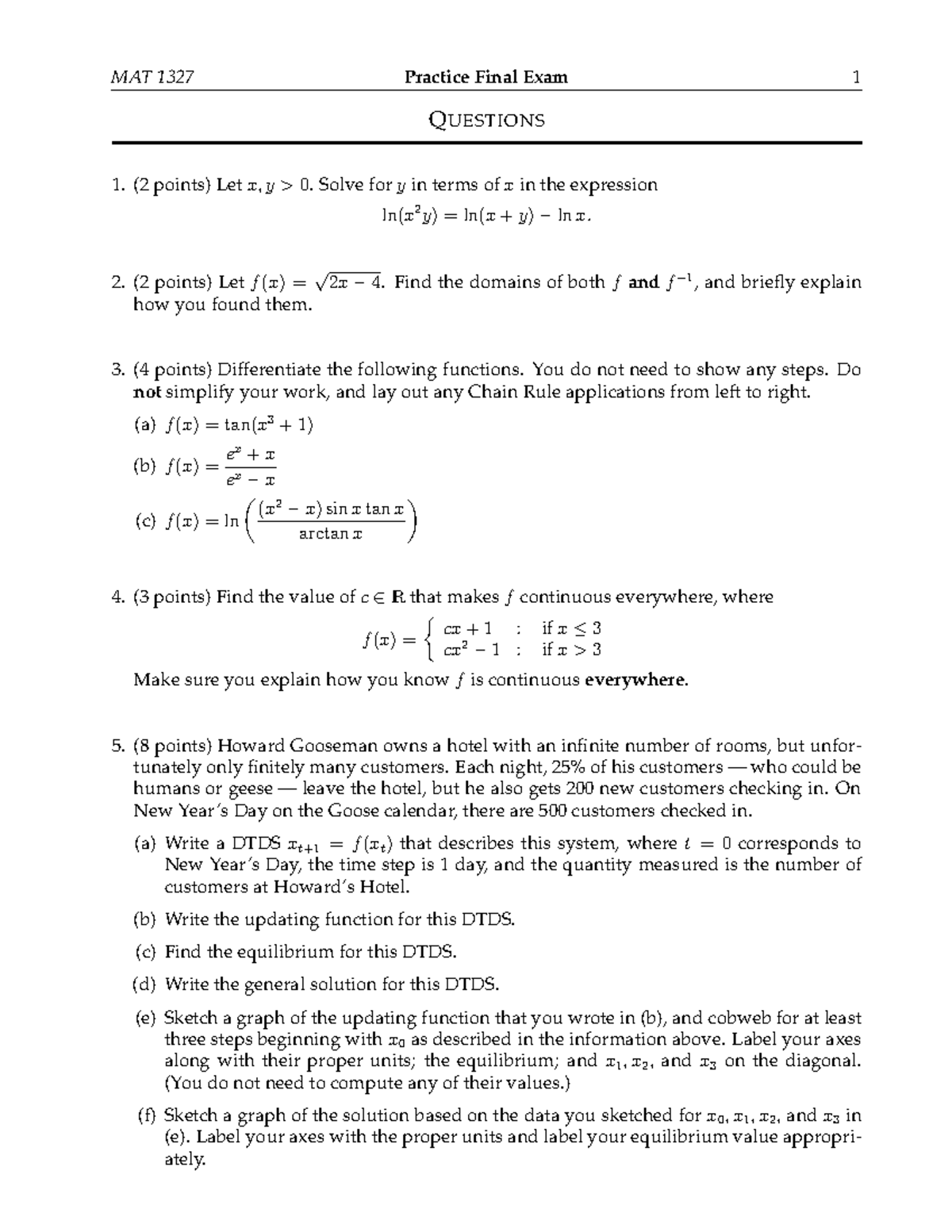 MAT 1327 Practice Final Exam - Solve for y in terms of x in the ...