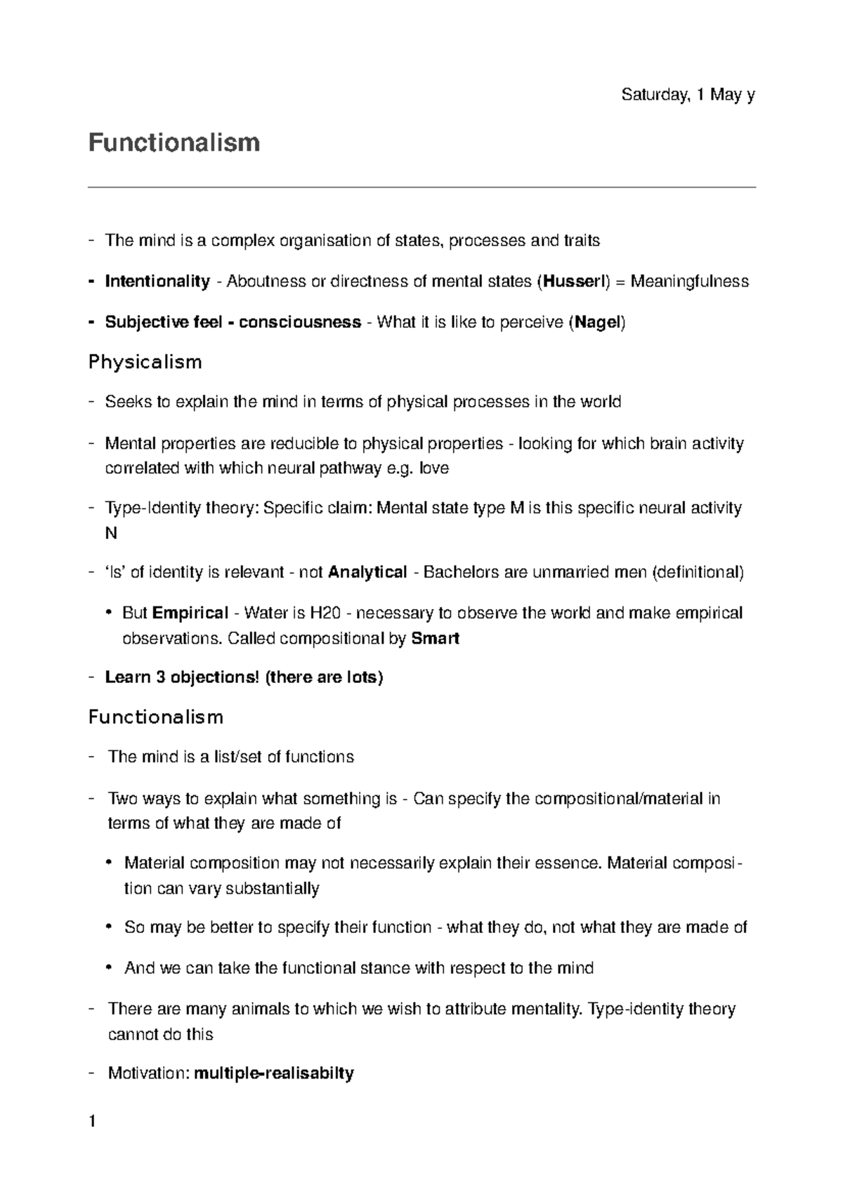 Lecture 3 - Functionalism - Friday, 30 August y Functionalism The mind ...