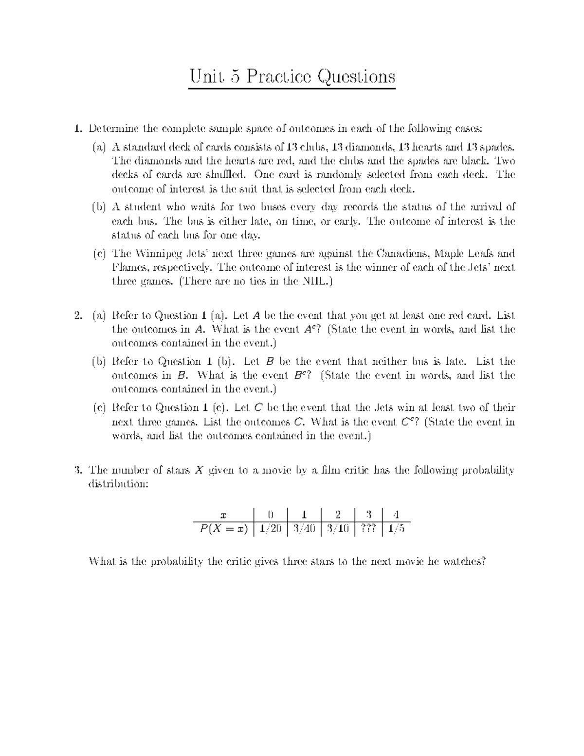 Unit 5 Practice Problems - Unit 5 Practice Questions Determine the complete sample space of ...