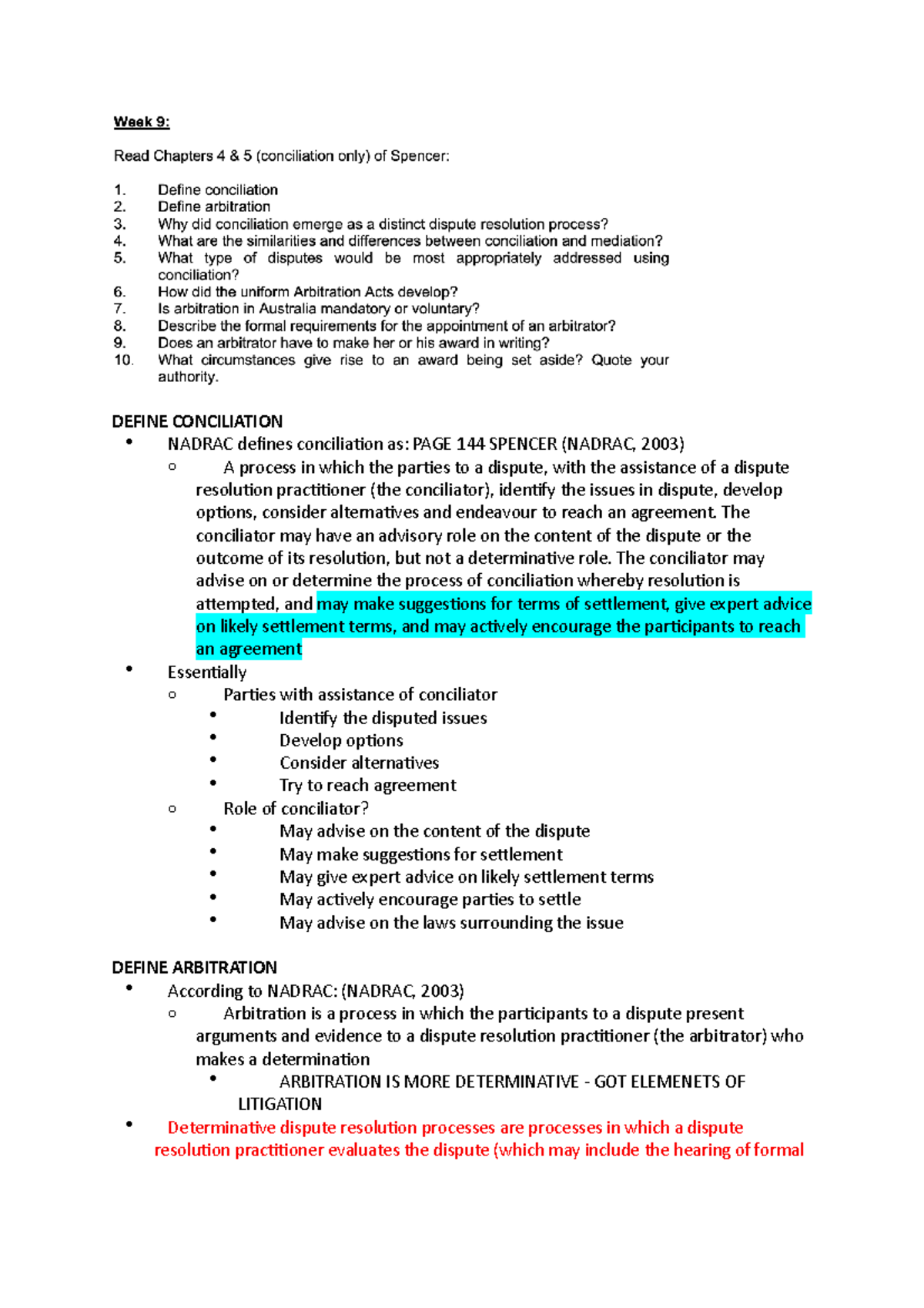 103 week 9 tut - tutorial - DEFINE CONCILIATION - Studocu