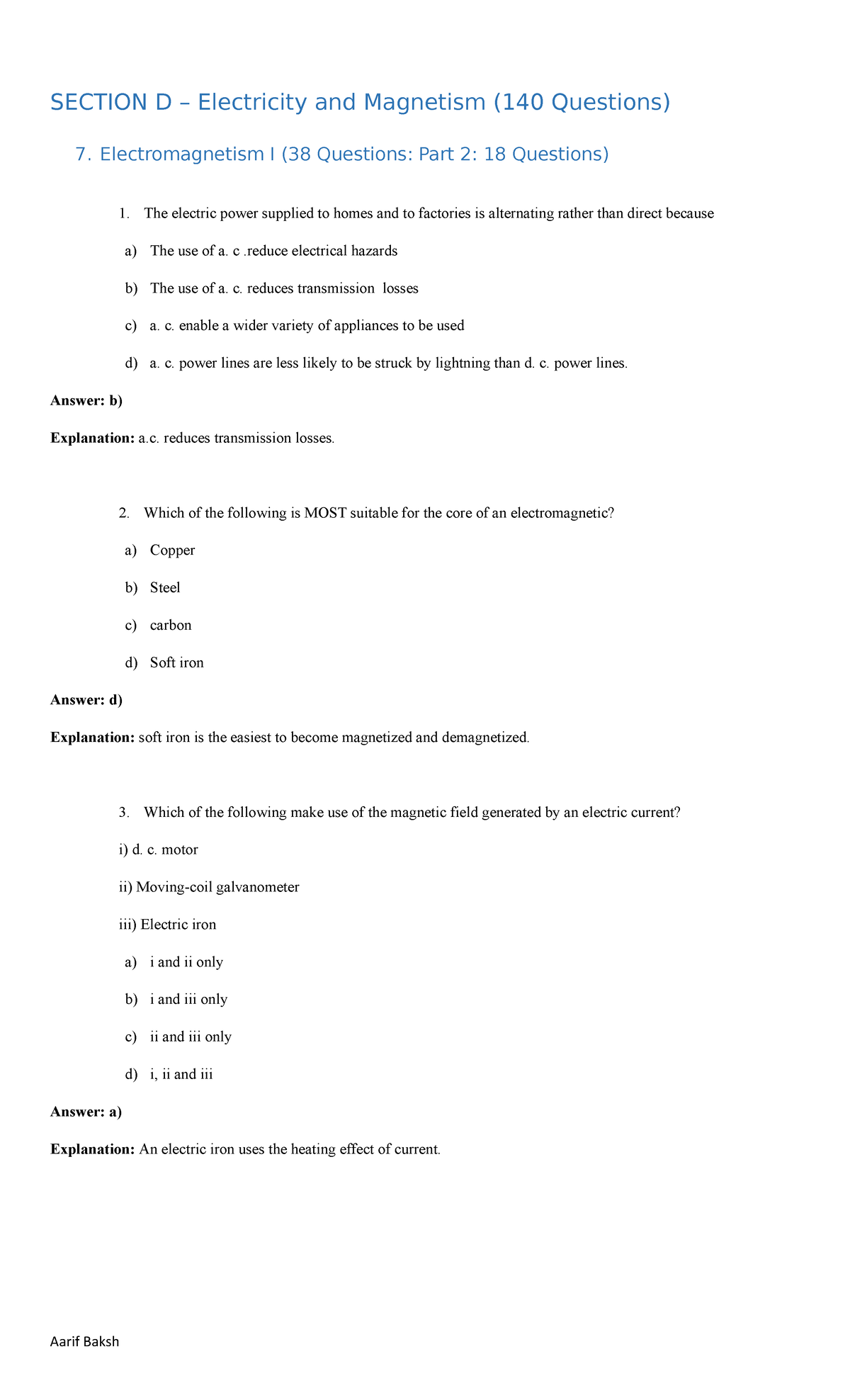 Physics D7 Part 2 - Practice questions and answers on Electricity and Magnetism - SECTION D ...